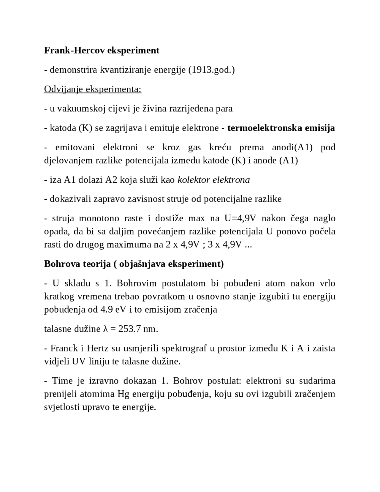 Fizika atoma; Franck Hertzov ogled | Beleške' predlog Fizika - Docsity