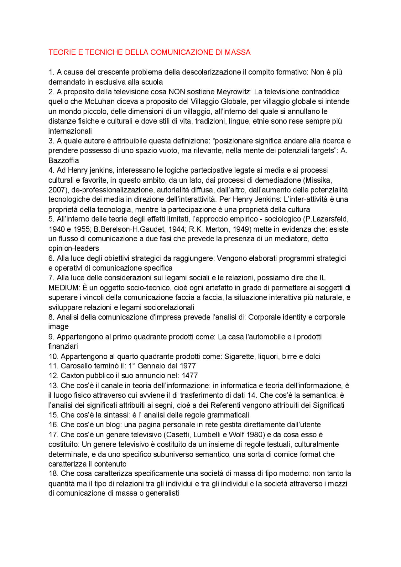 Teorie E Tecniche Della Comunicazione Di Massa Pegaso Prove Desame