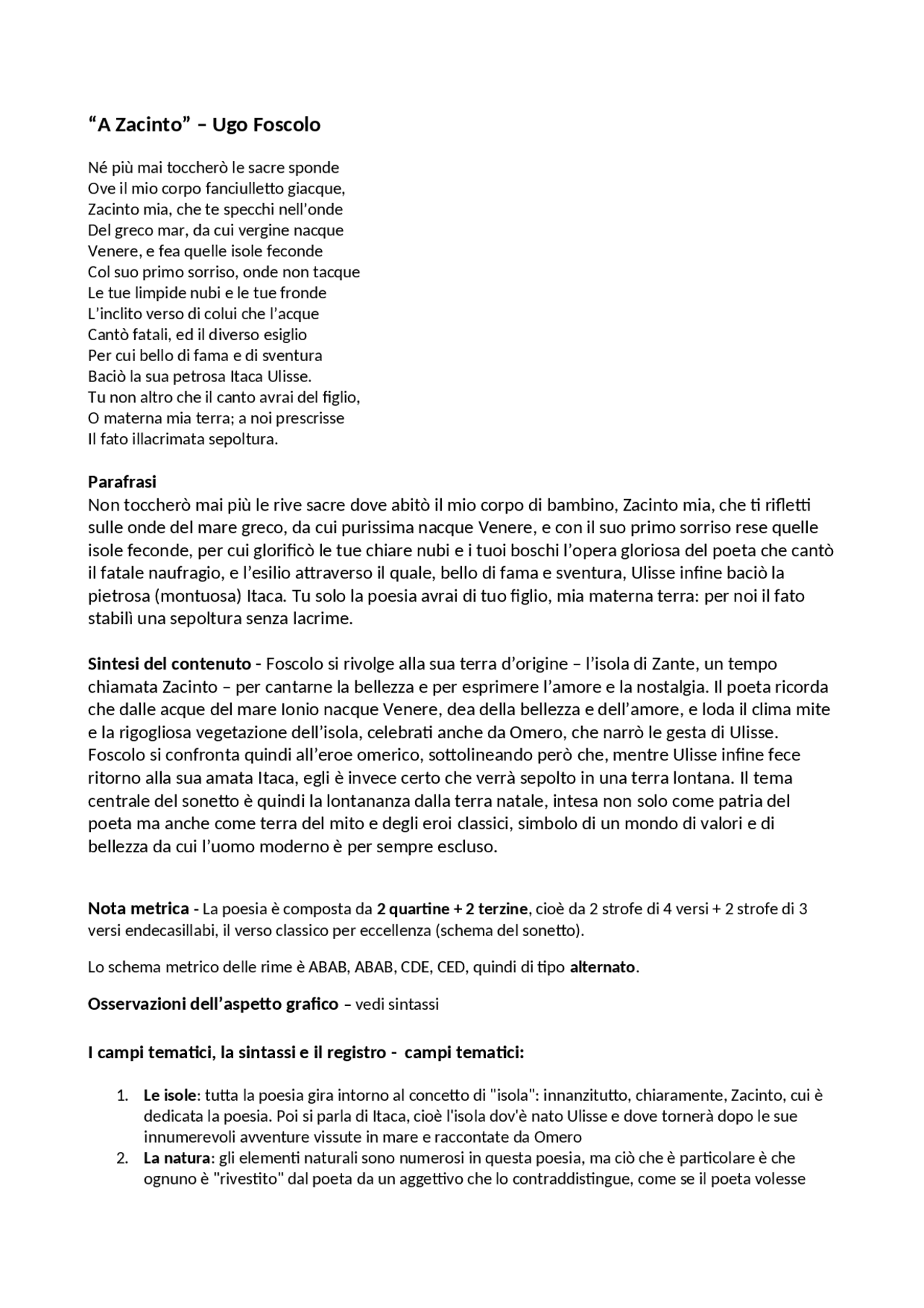 Analisi Componimento A Zacinto Di Ugo Foscolo Docsity