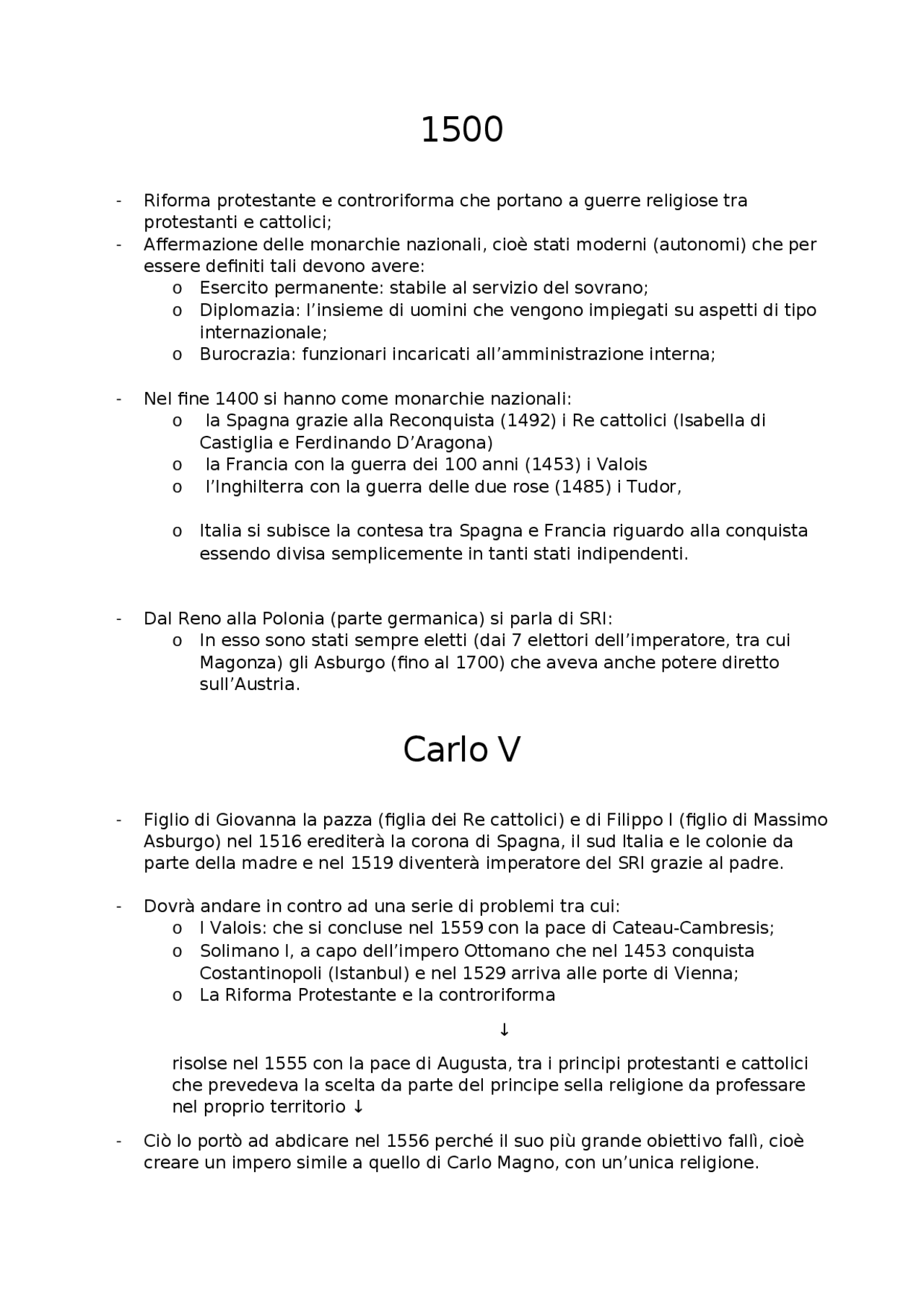 Riassunto Semplice Sul 1500 E Carlo V Docsity