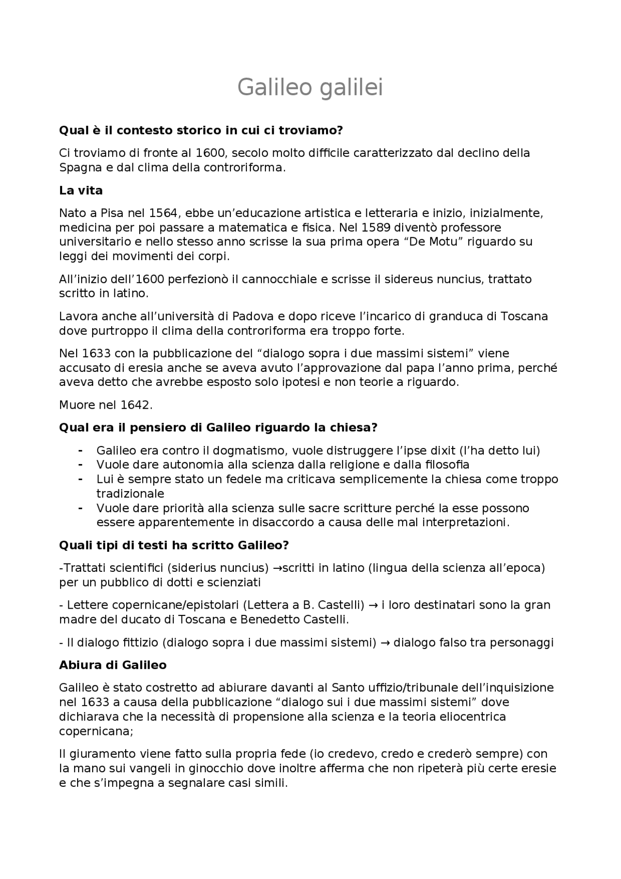 Appunti Su Galileo Galilei Docsity