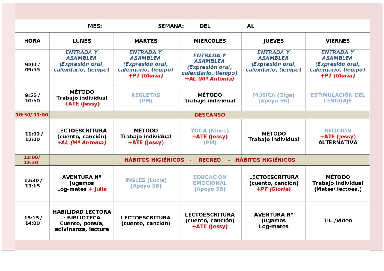 Planificación semanal. Educación infantil - Docsity