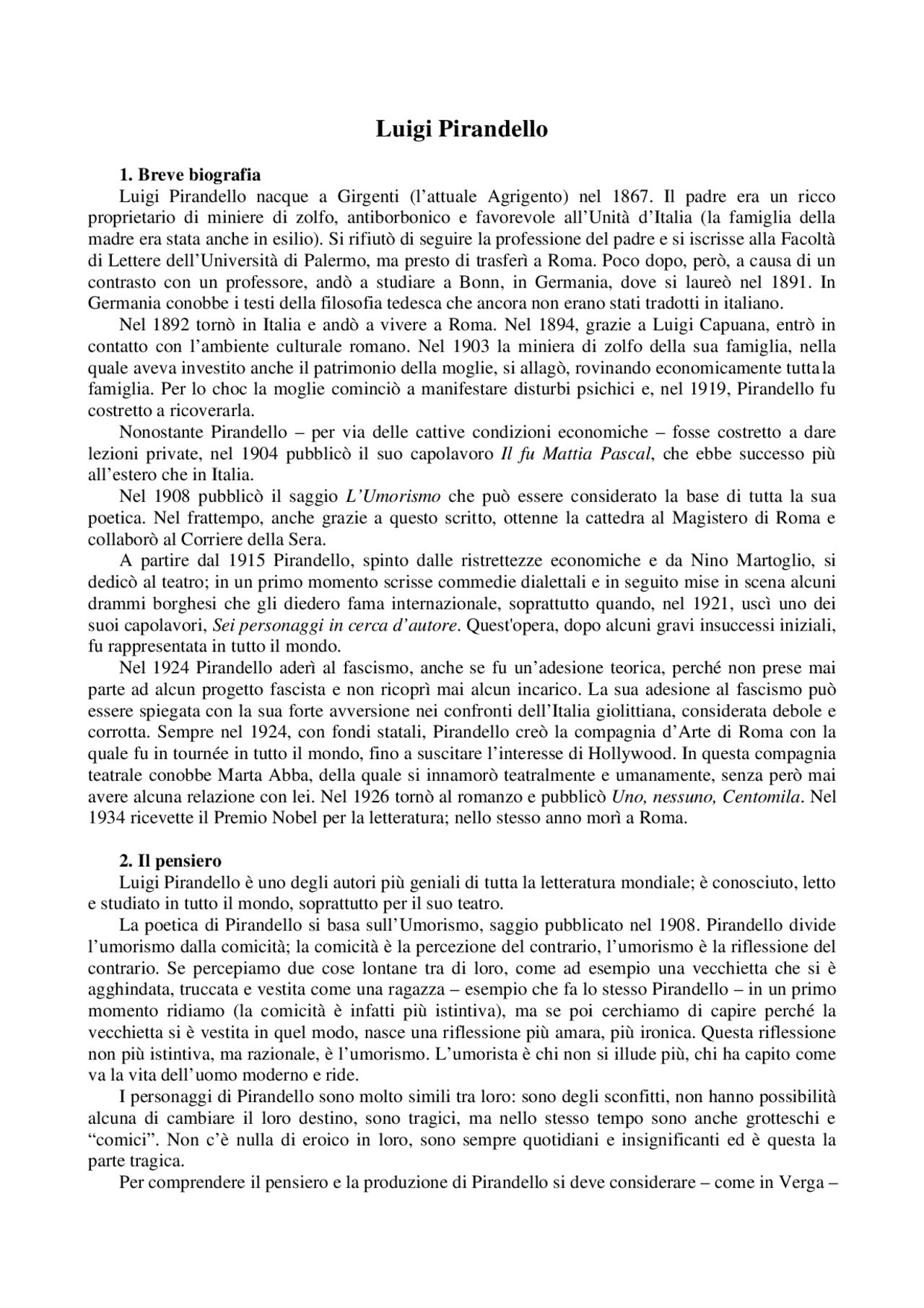 Appunti Su Luigi Pirandello Docsity