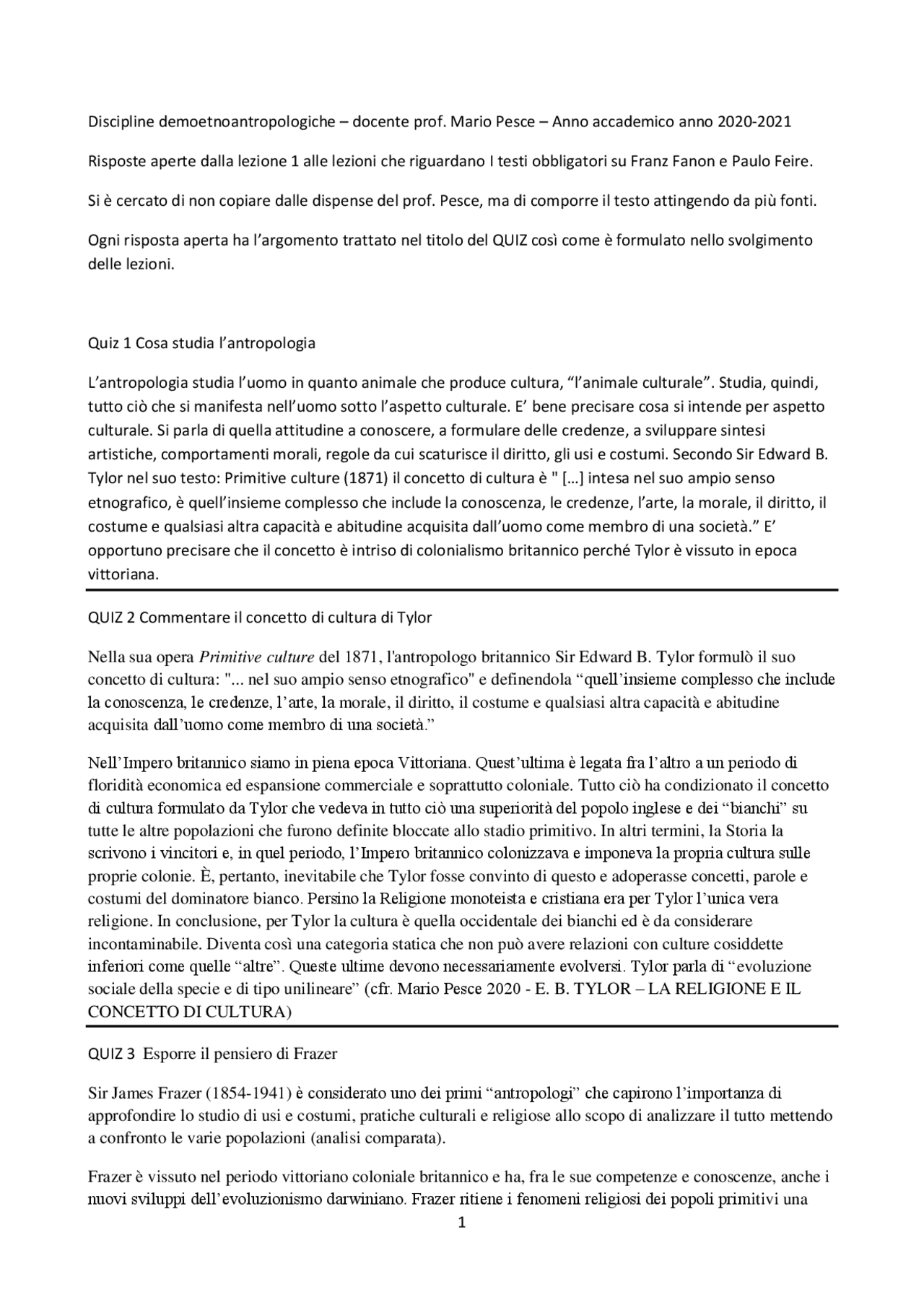 Quiz Risposte Aperte Demoetnoantropologia Prof Mario Pesce Prove D