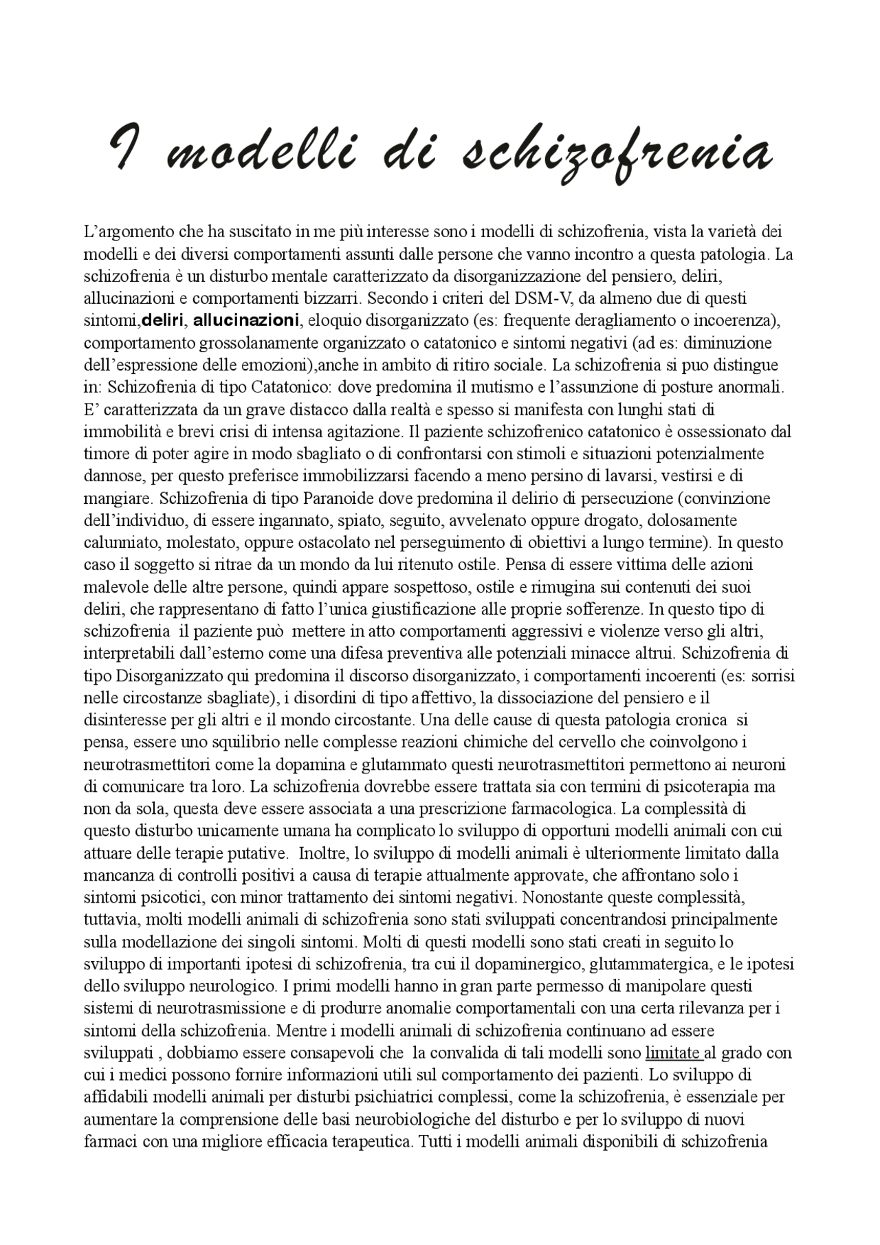 Elaborato Sui Modelli Della Schizofrenia Docsity