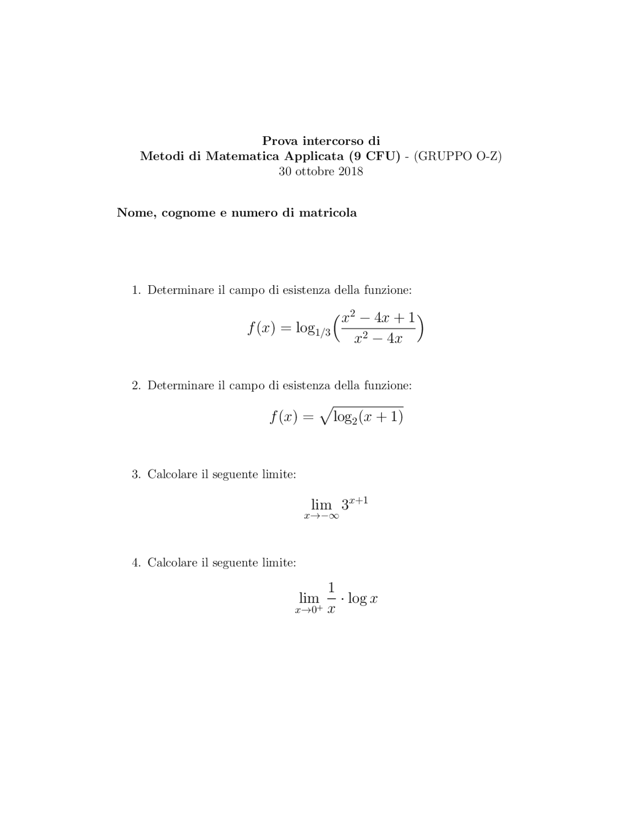 Prova esame matematica - Docsity