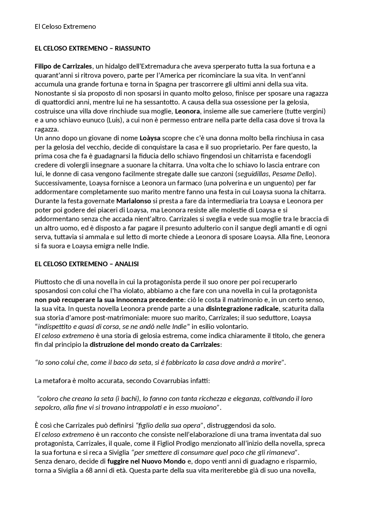 El celoso Extremeño - Riassunto e Analisi | Sintesi del corso di ...