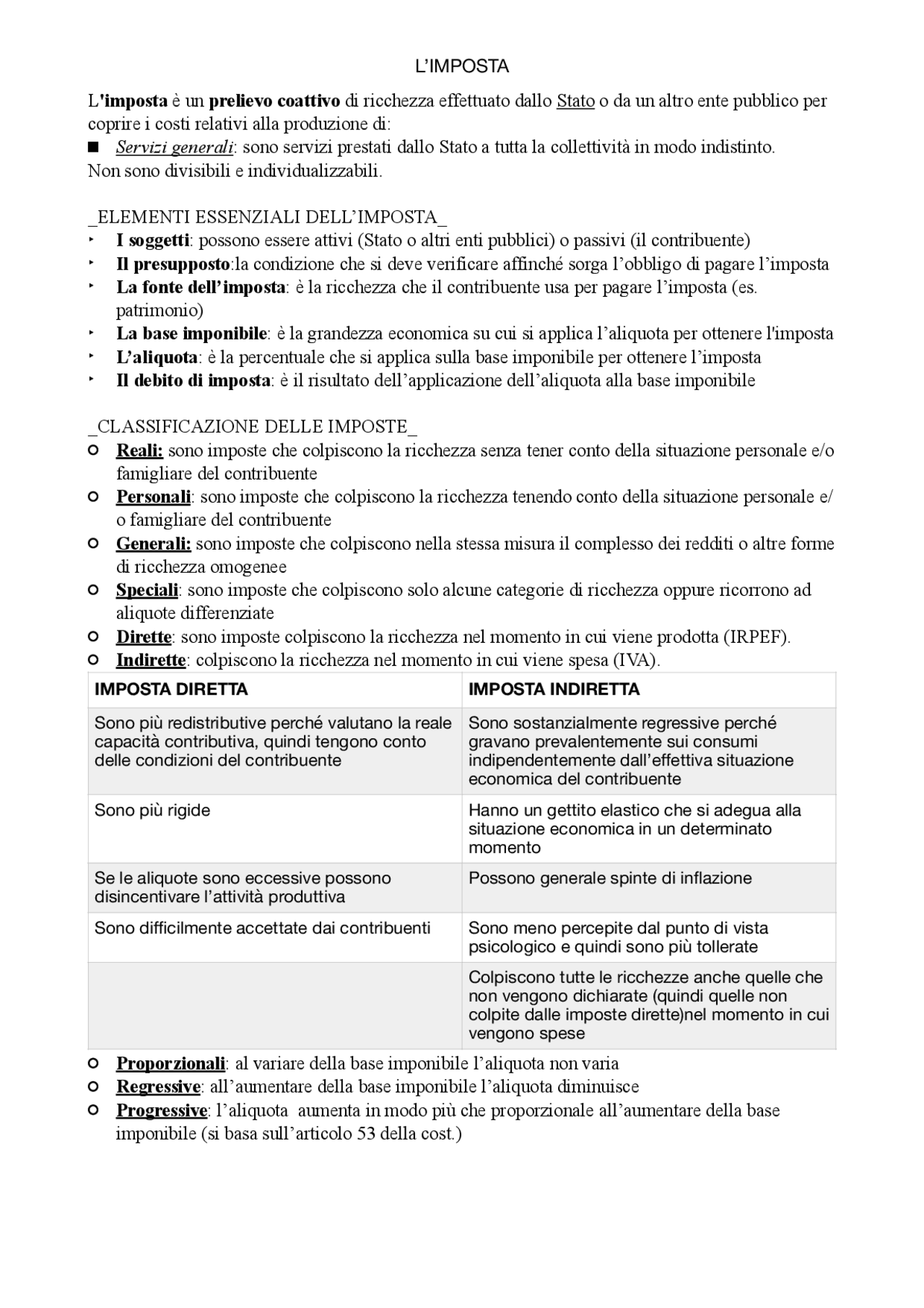 L’imposta elementi essenziali, classificazione - Docsity
