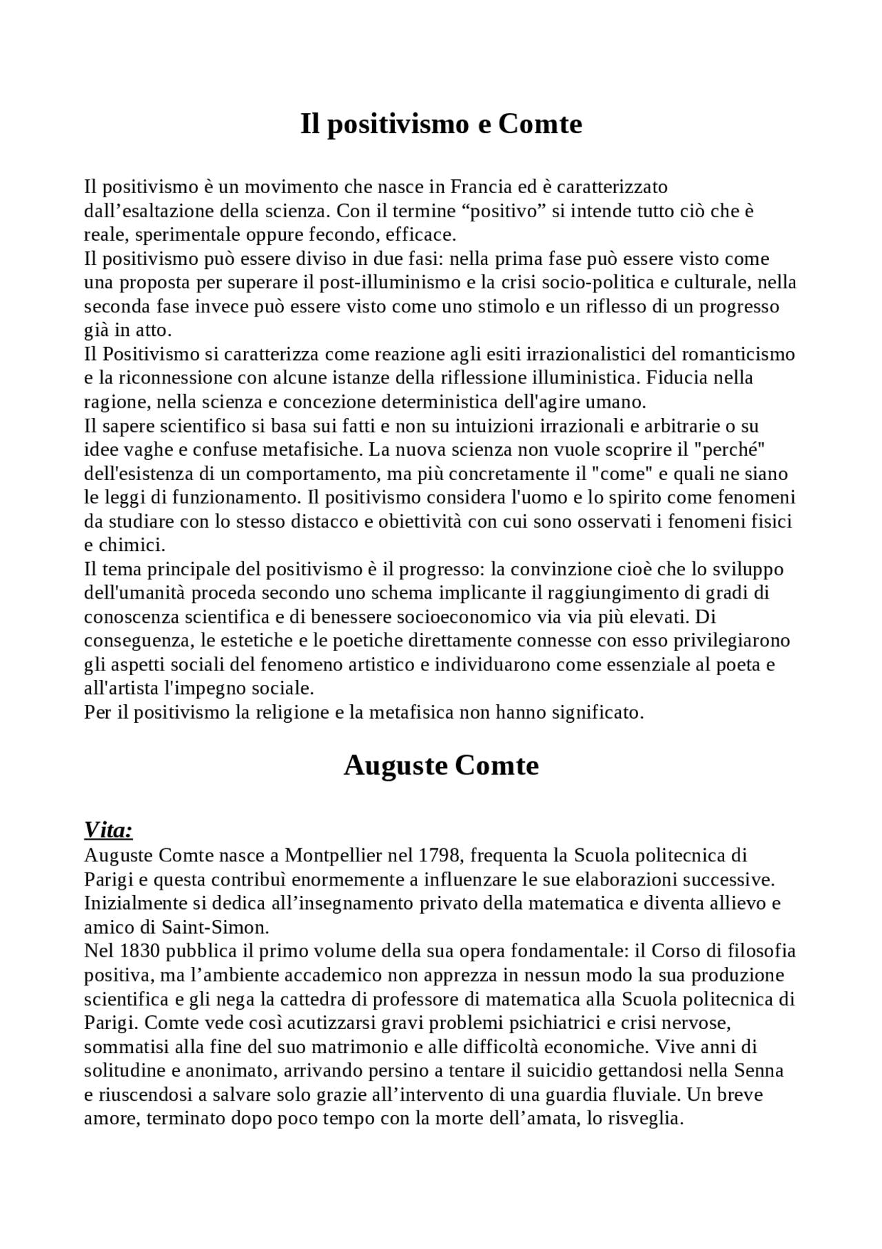 Il Positivismo E Comte Docsity