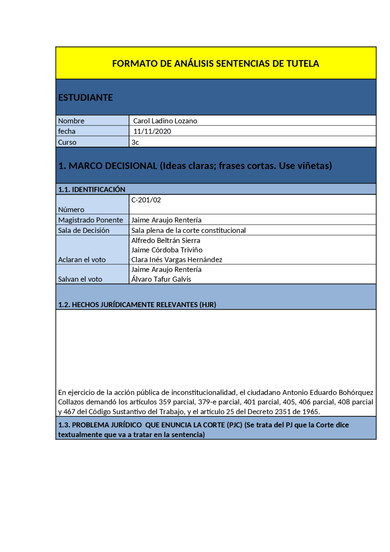 Formato De Análisis De Sentencia Ejercicios De Derecho Laboral Docsity