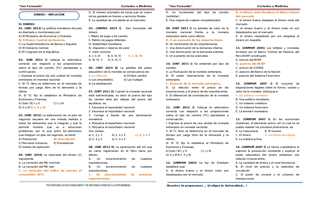 El Dinero-practica calificada | Ejercicios de Economía | Docsity