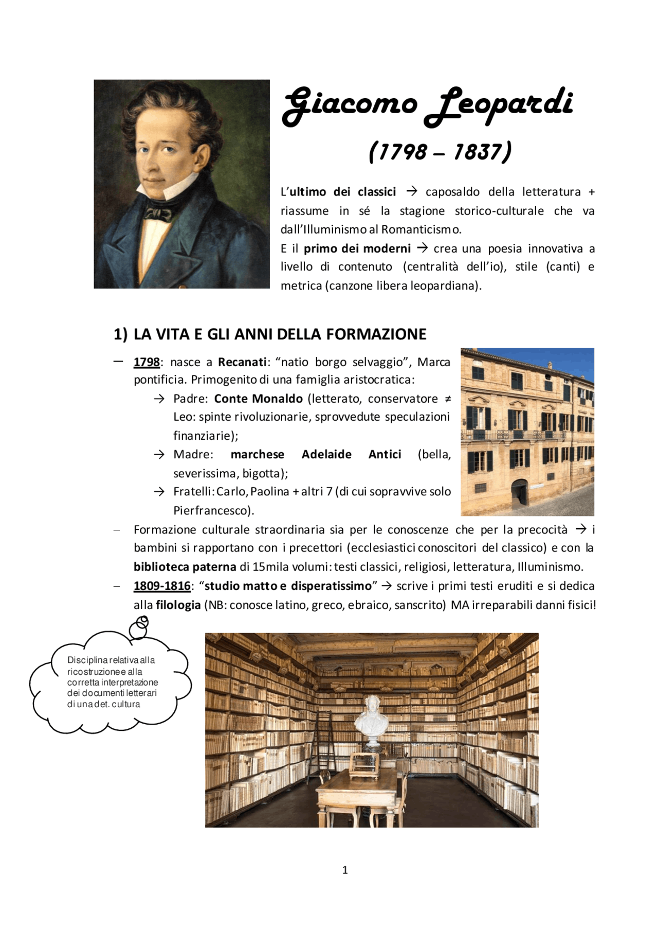 Giacomo Leopardi: vita, pensiero, Canti e Operette Morali - Docsity