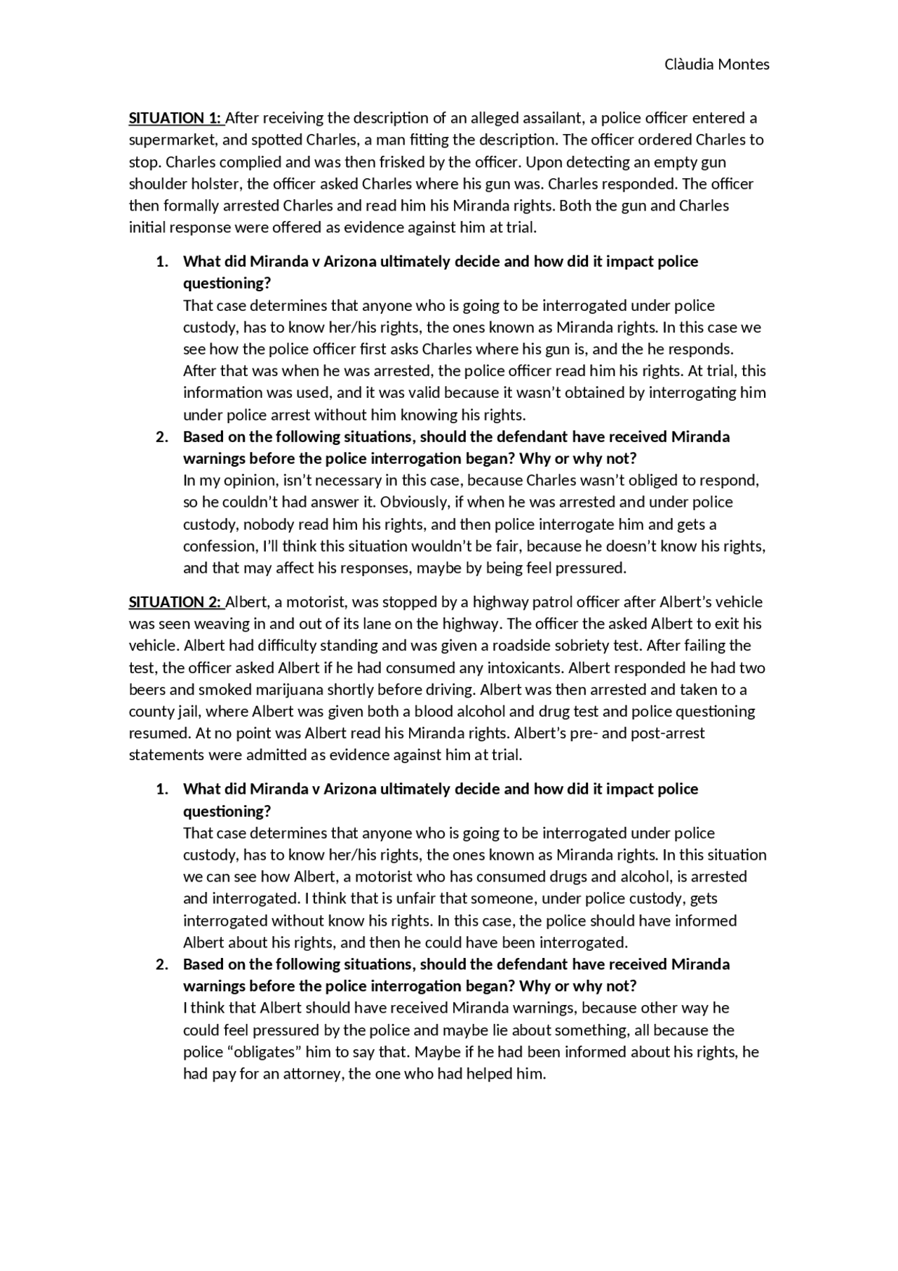 Miranda rights - Questions and answers - Docsity