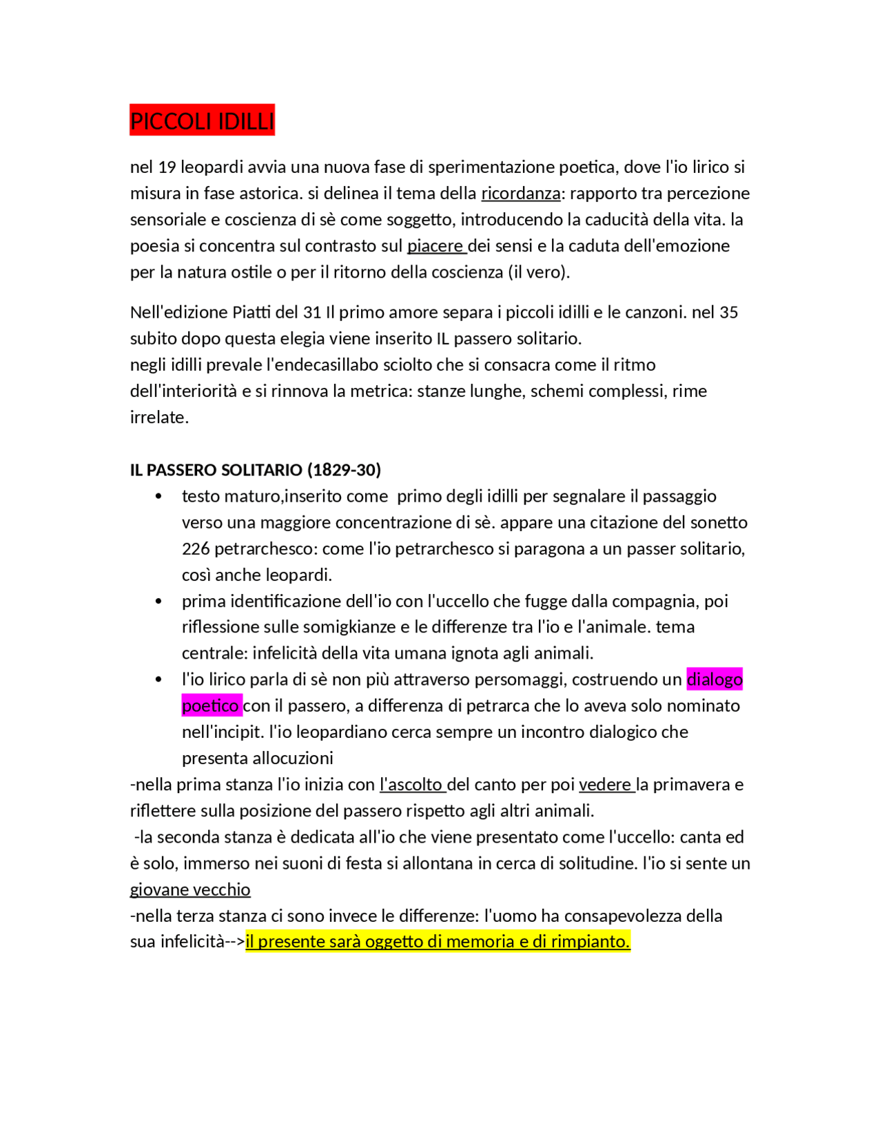 Piccoli Idilli Leopardi Docsity