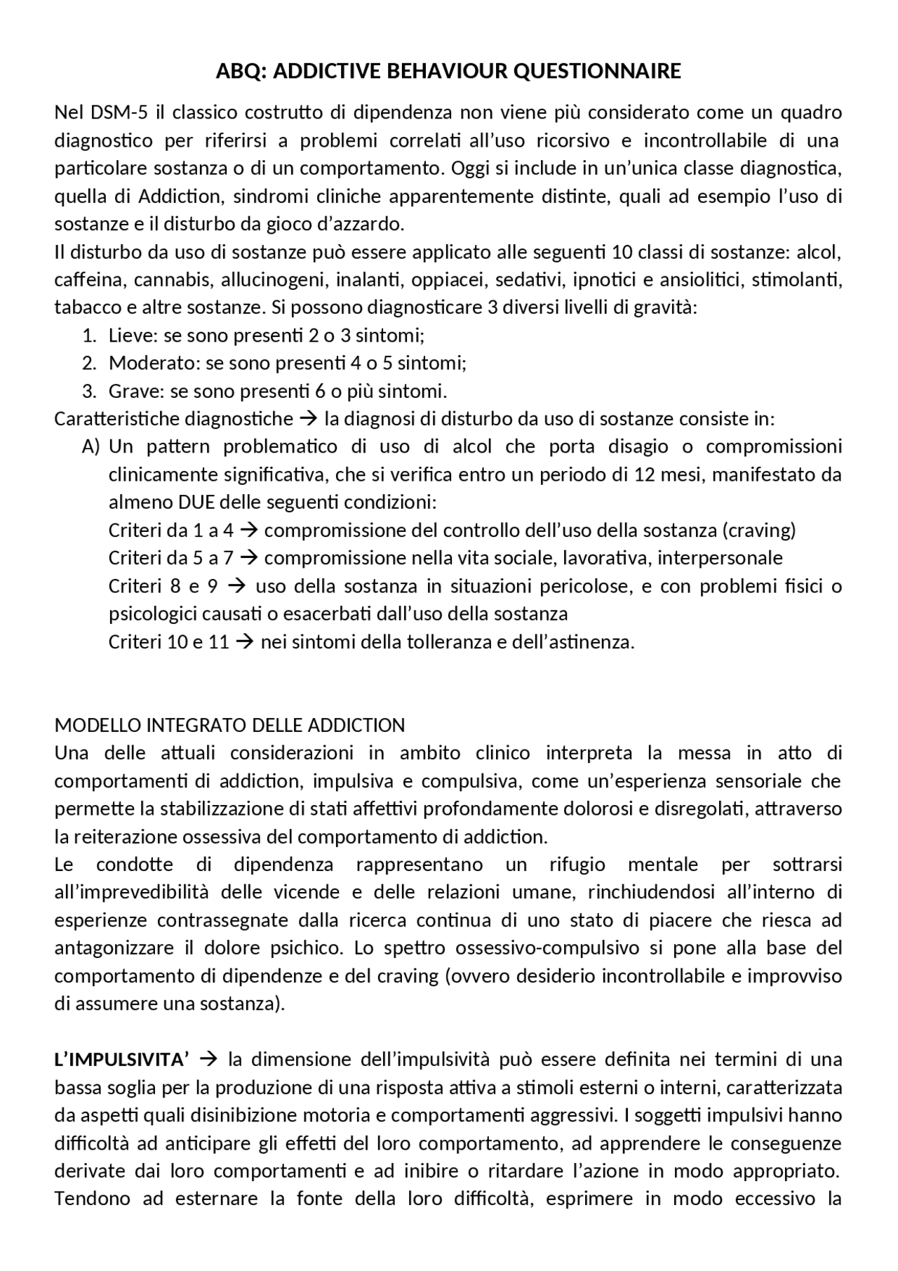 ABQ- Addictive Behavior Questionnaire Honografe - Docsity