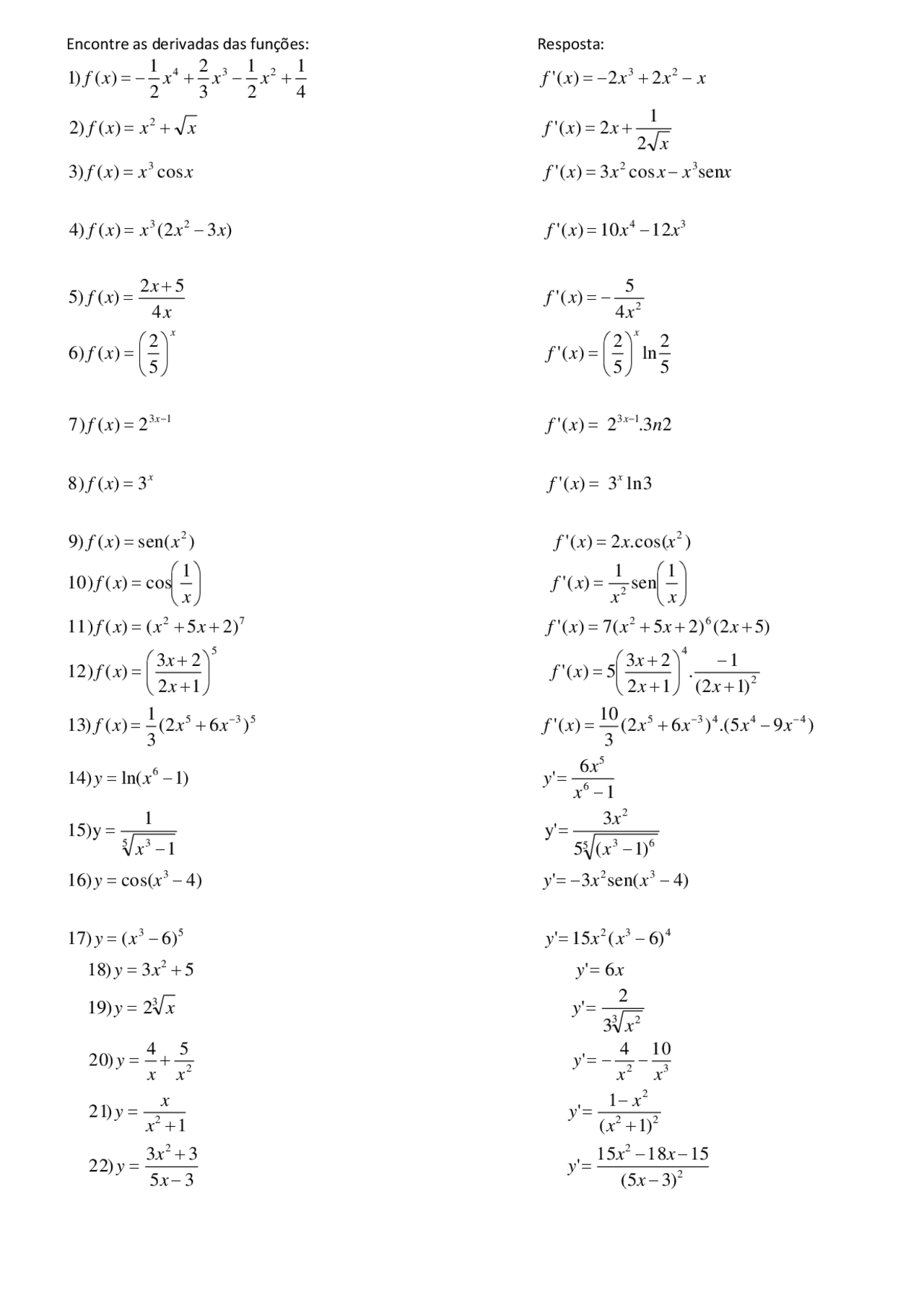 Lista De Exercícios Derivadas Docsity