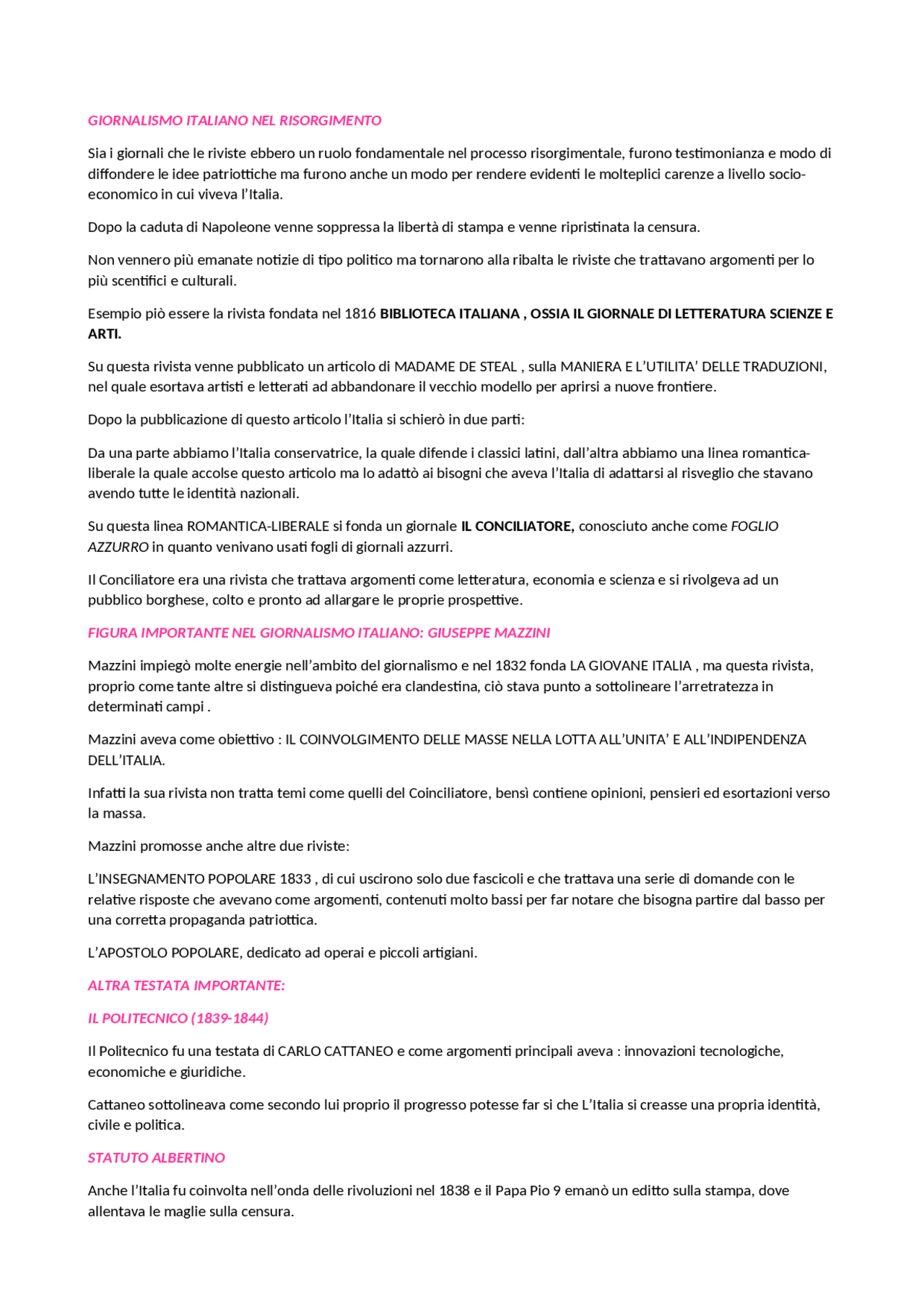 IL GIORNALISMO ITALIANO NEL RISORGIMENTO - Docsity
