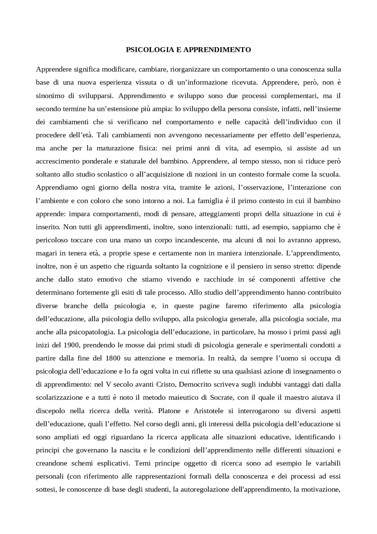 Psicologia E Apprendimento Docsity
