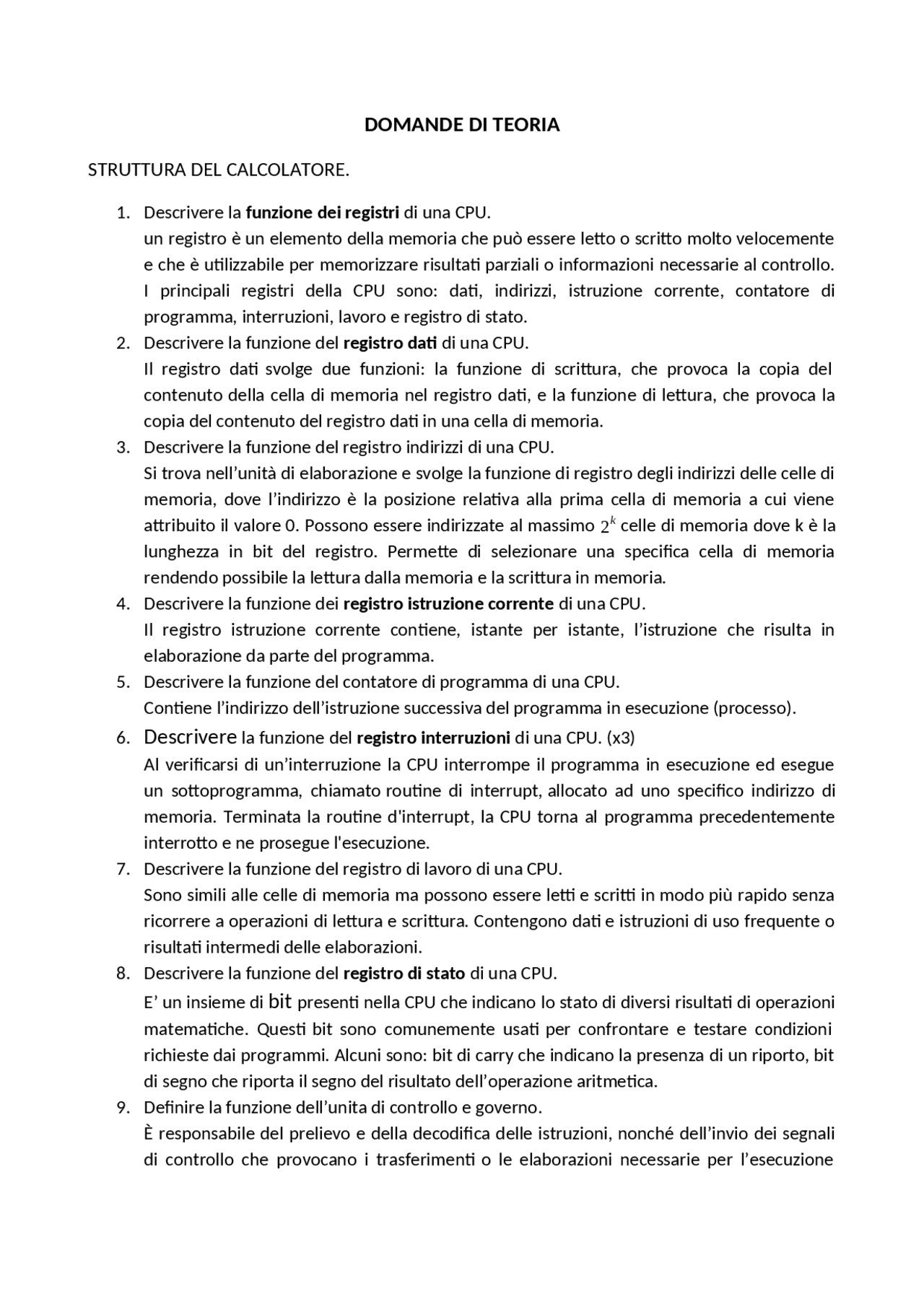 Appunti domande di teoria informatica generale | Prove d'esame di Elementi di Informatica | Docsity