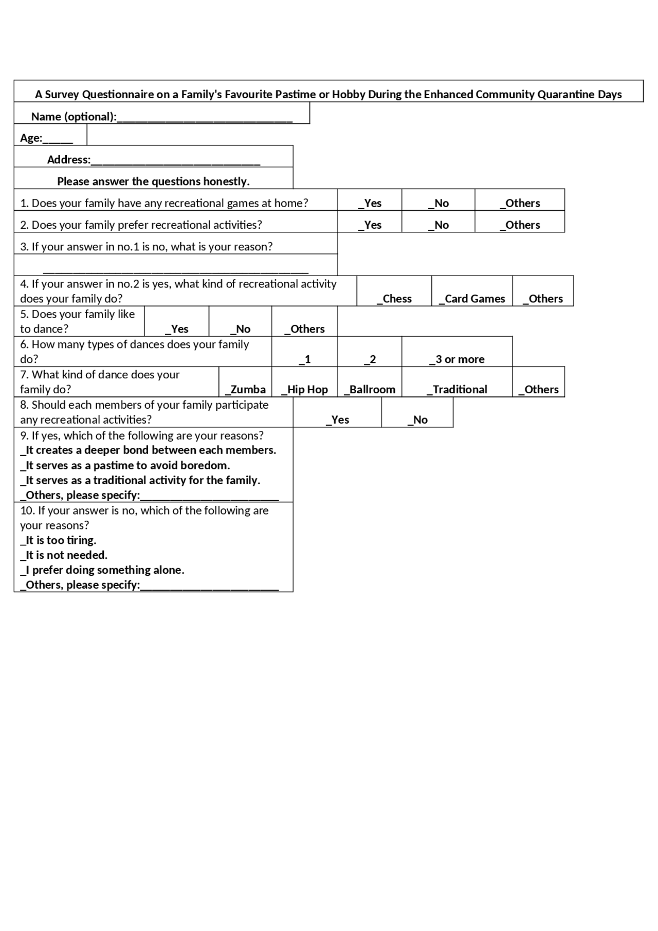 Survey questionnaire on a family | Assignments English | Docsity