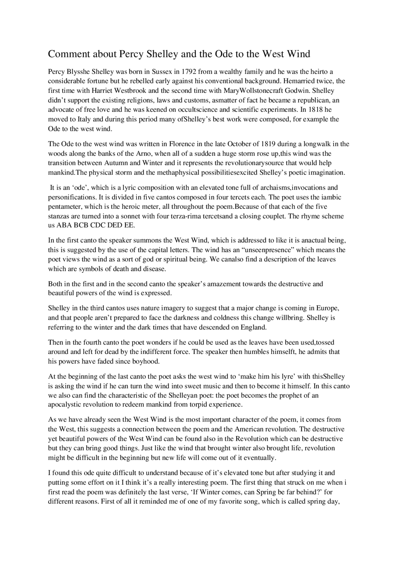 Analisi in inglese di ode to the west wind di percy shelley - Docsity