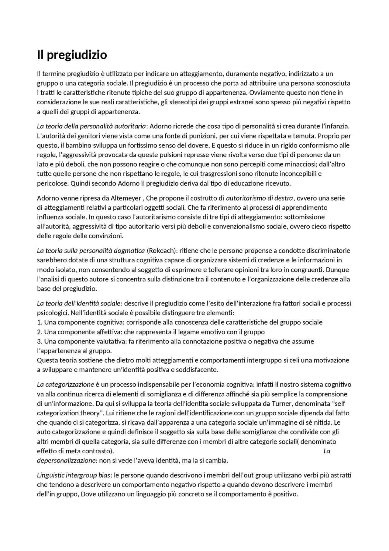 Il Pregiudizio Teorie E Definizioni Docsity