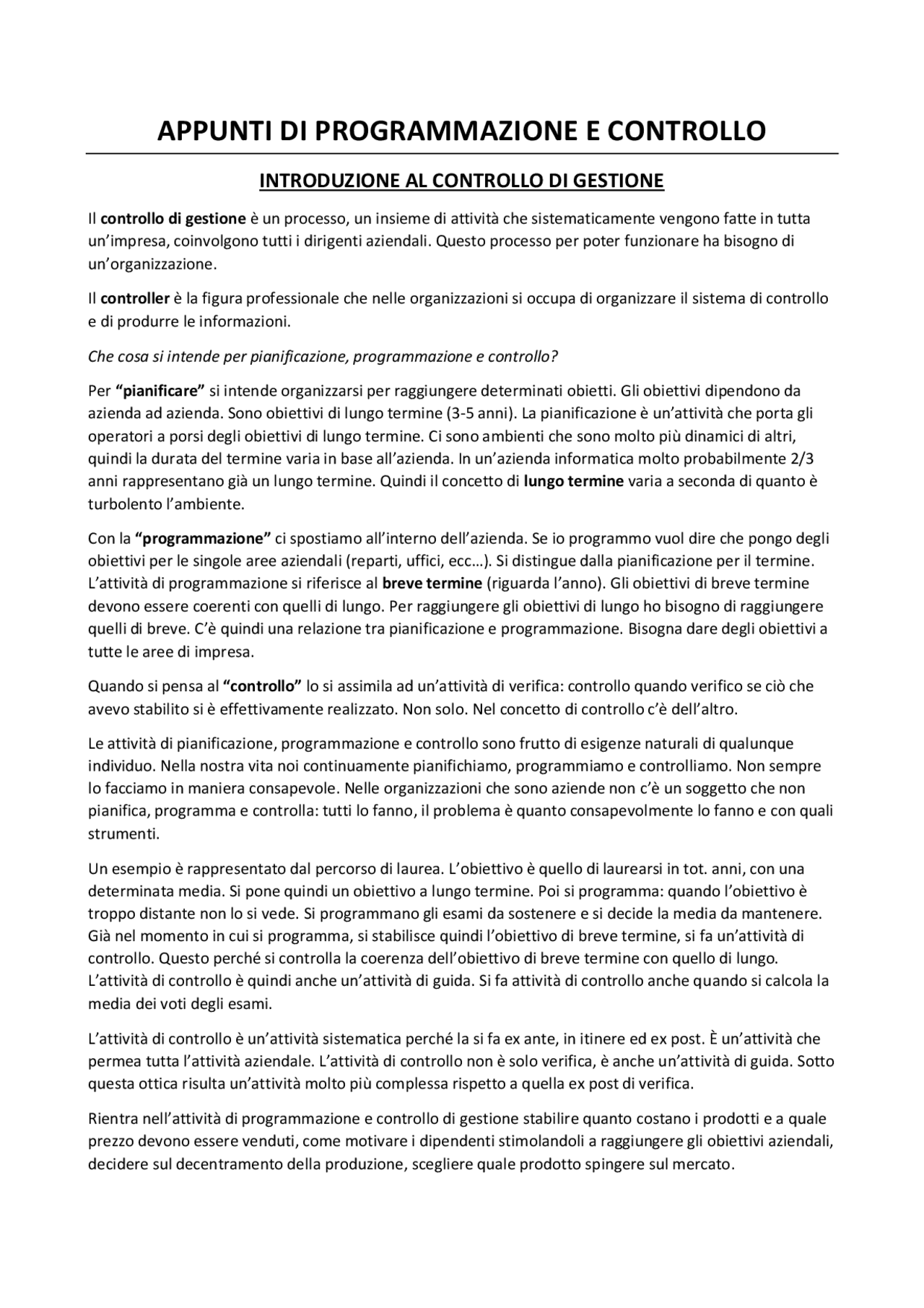 Appunti Di Programmazione E Controllo Docsity