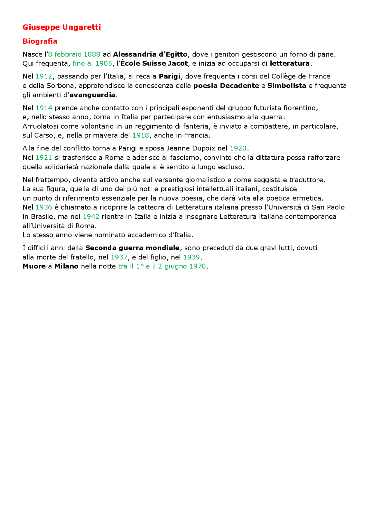 Riassunti Su Giuseppe Ungaretti Docsity