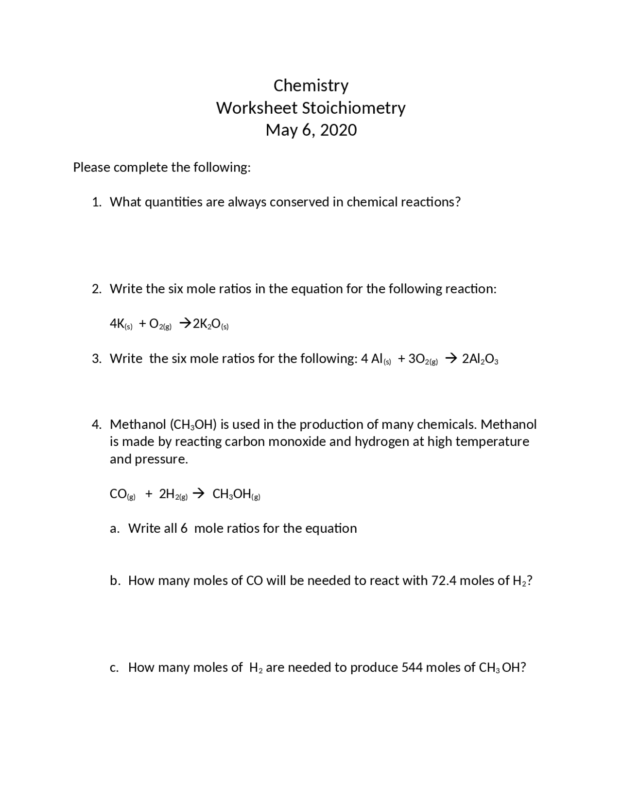 Chemistry Worksheet Stoichiometry - Docsity