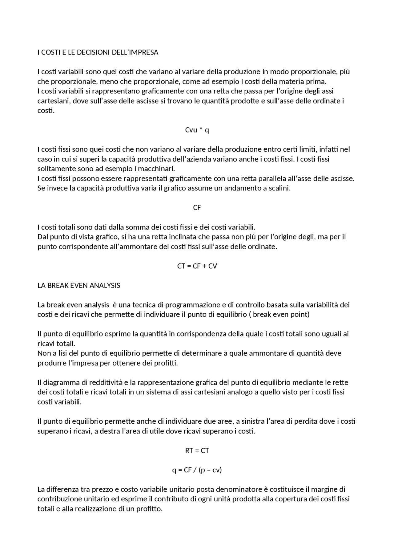 Costi Variabili E Fissi Break Even Point Docsity
