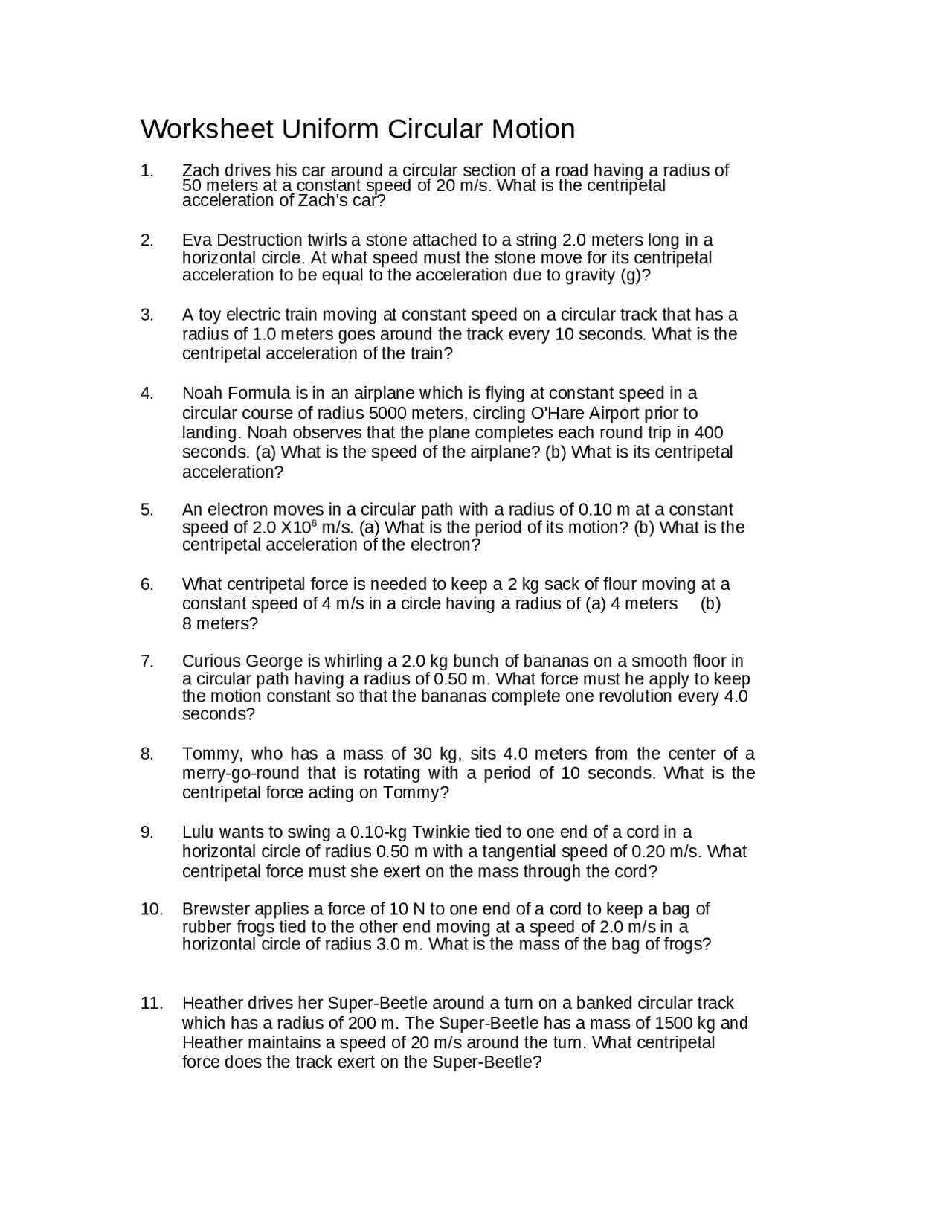 worksheetCircularMotion.doc | Assignments Physics | Docsity