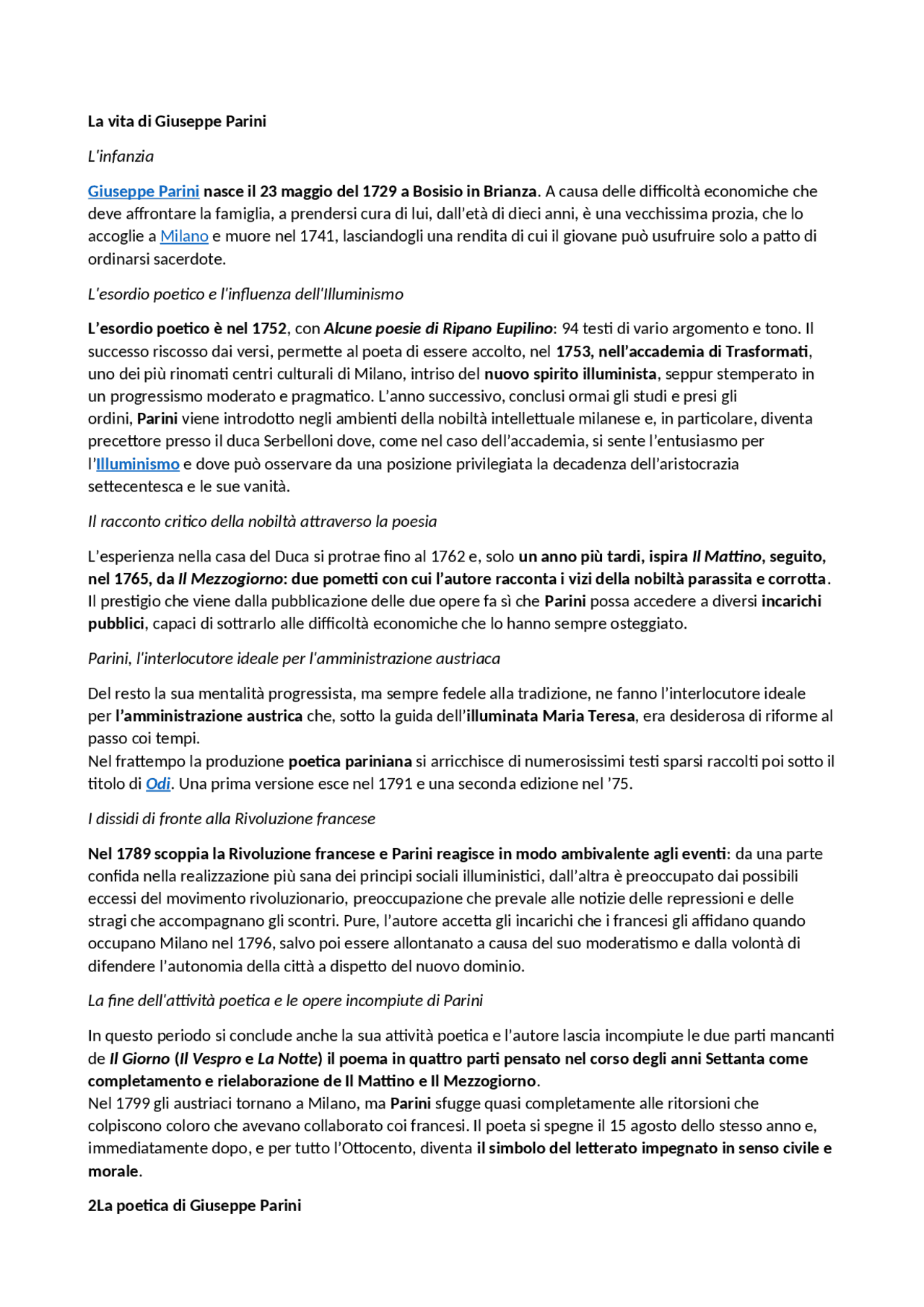 Biografia Di Giuseppe Parini Docsity