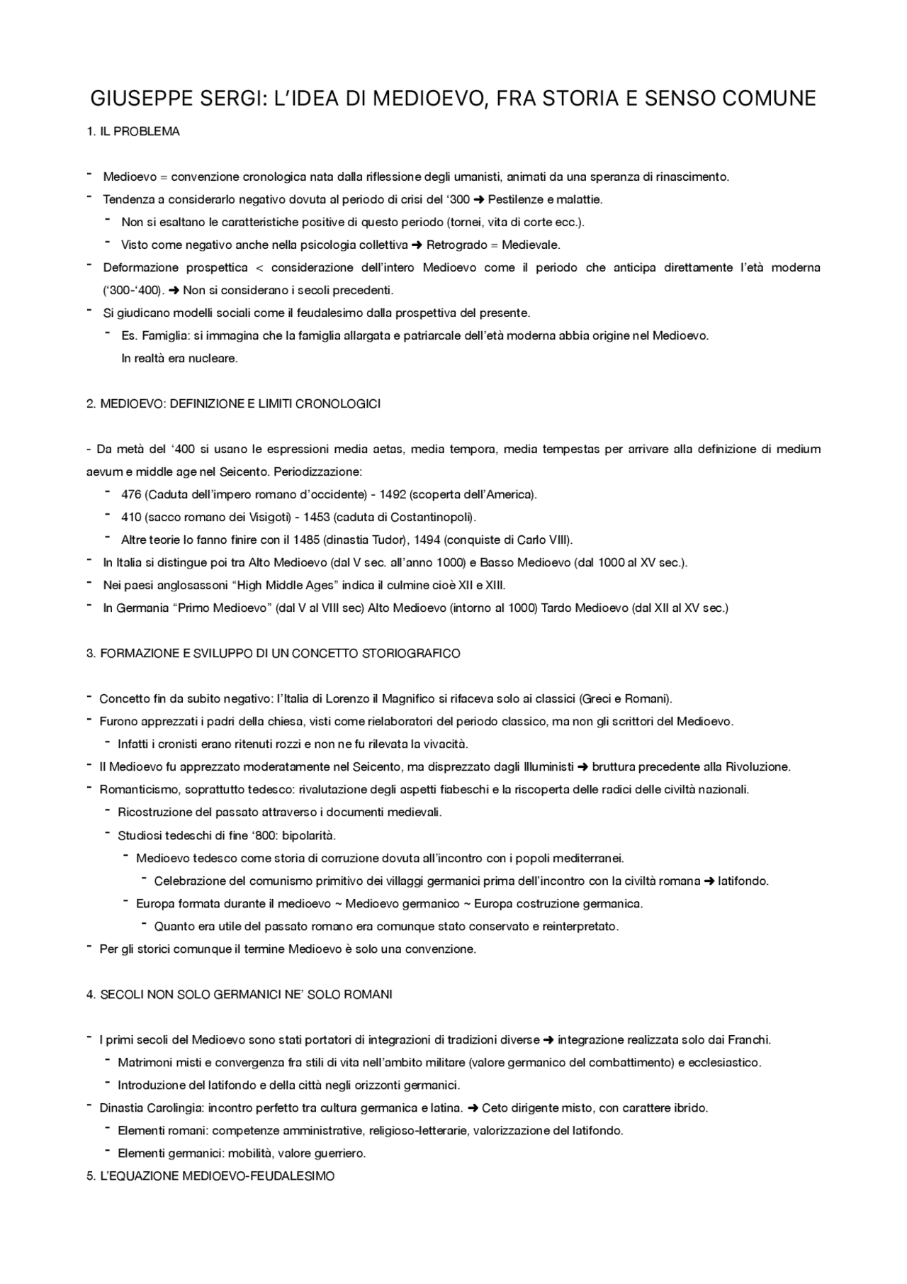 Giuseppe Sergi Unidea Di Medioevo Riassunto Docsity