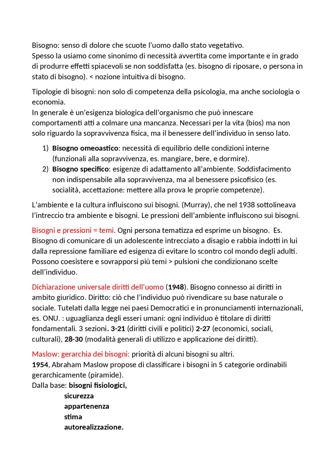 Riassunto Scienze Umane Sui Bisogni Docsity