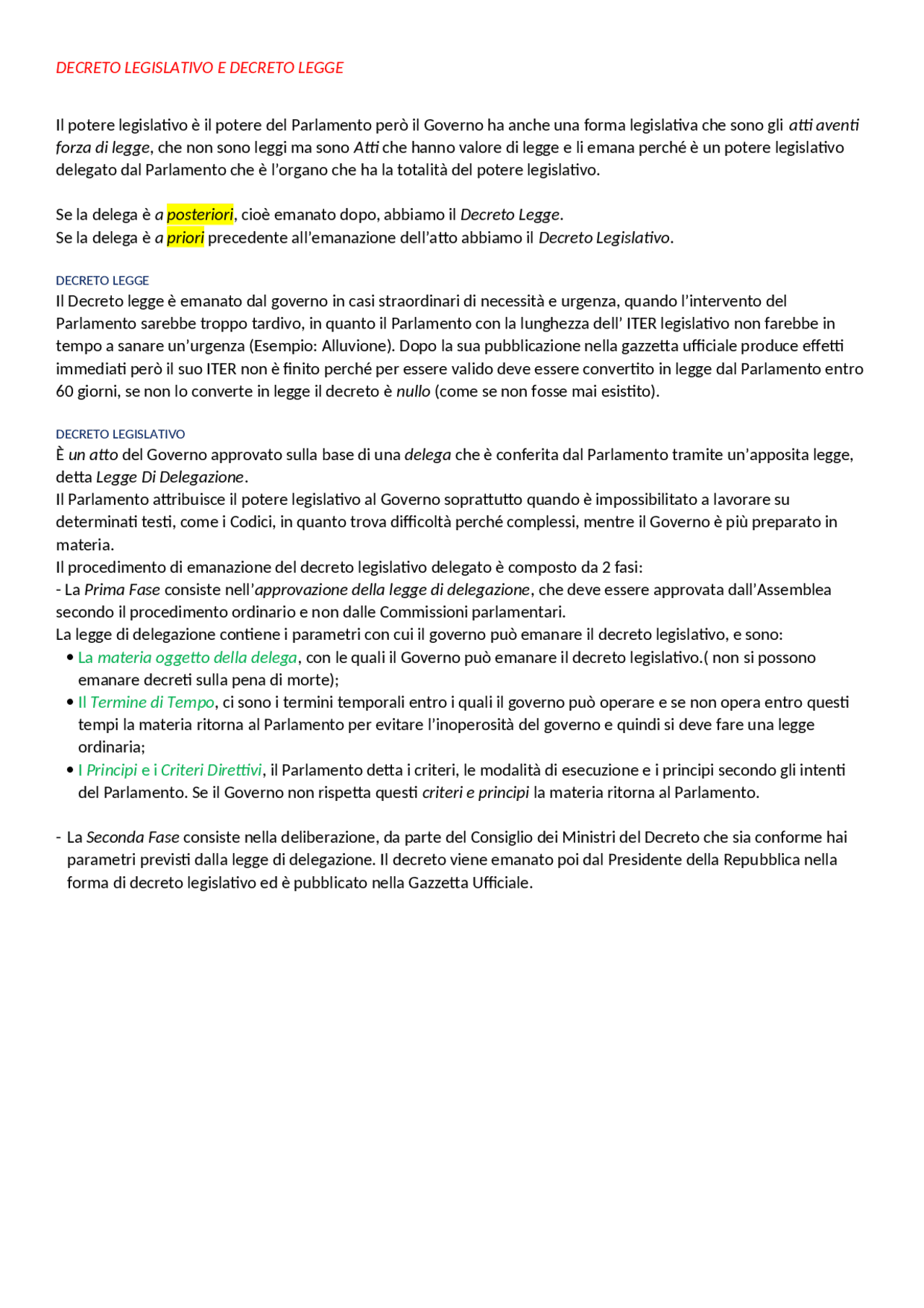 Spiegazione Decreto legge e decreto legislativo - Docsity