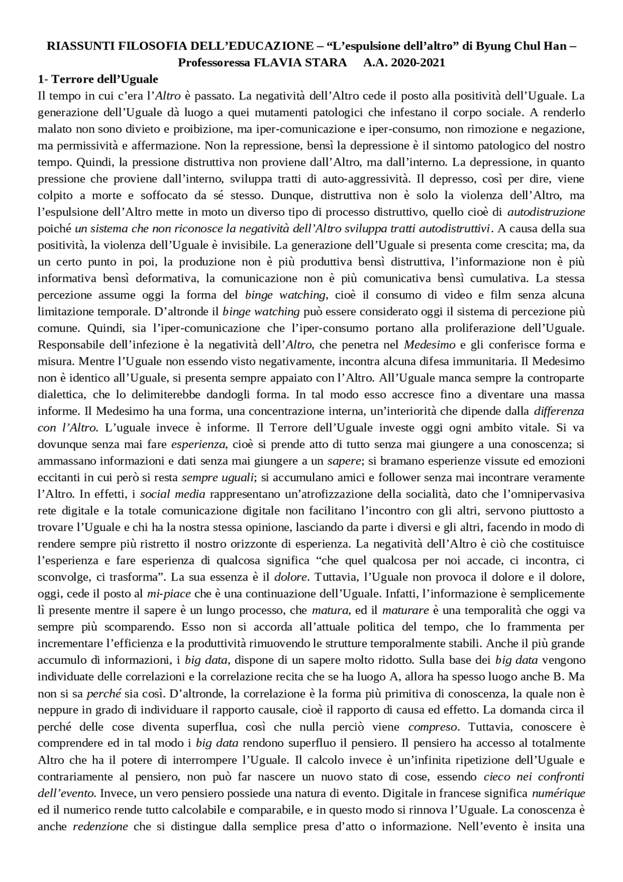 Riassunti "Filosofia dell'educazione" Flavia Stara "L'Espulsione dell ...