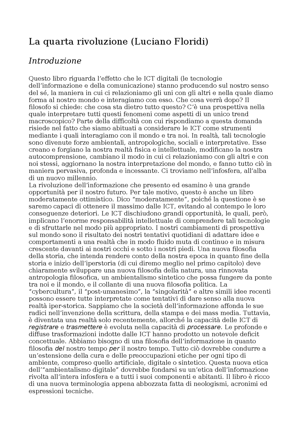 Riassunto La Quarta Rivoluzione” Di Floridi Docsity