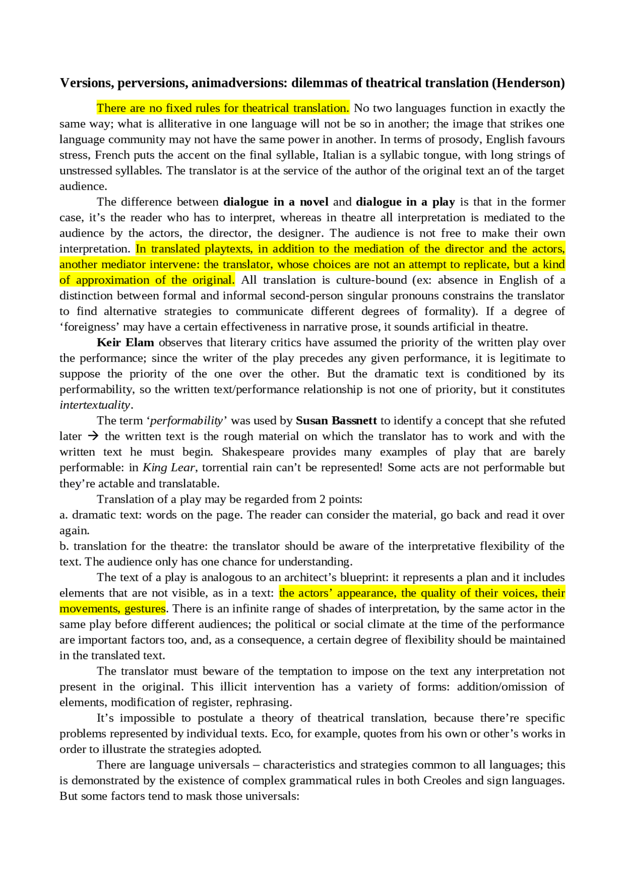 Riassunto Versions, perversions, animadversions: dilemmas of theatrical ...