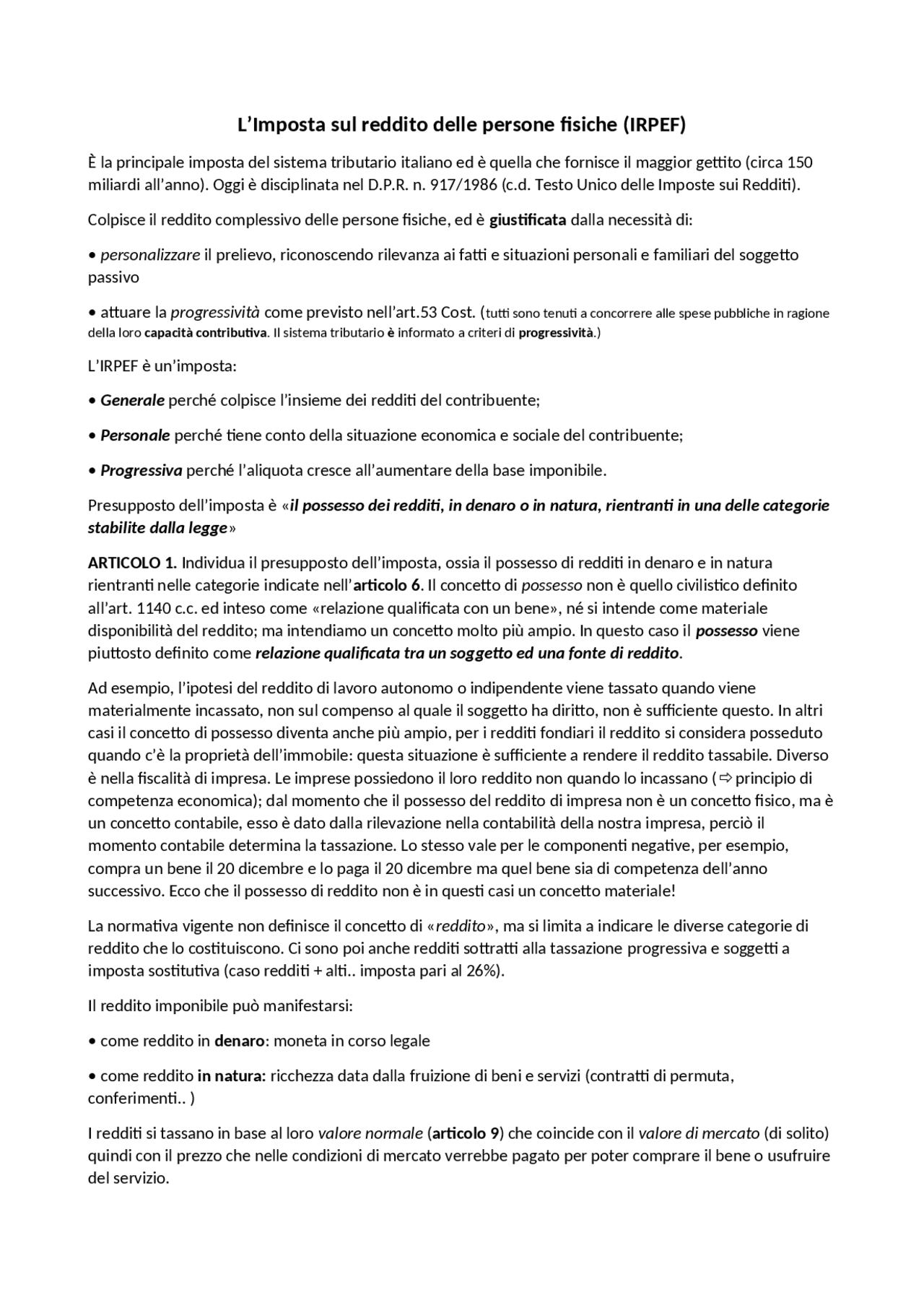 Irpef Imposta Sui Redditi Delle Persone Fisiche Docsity