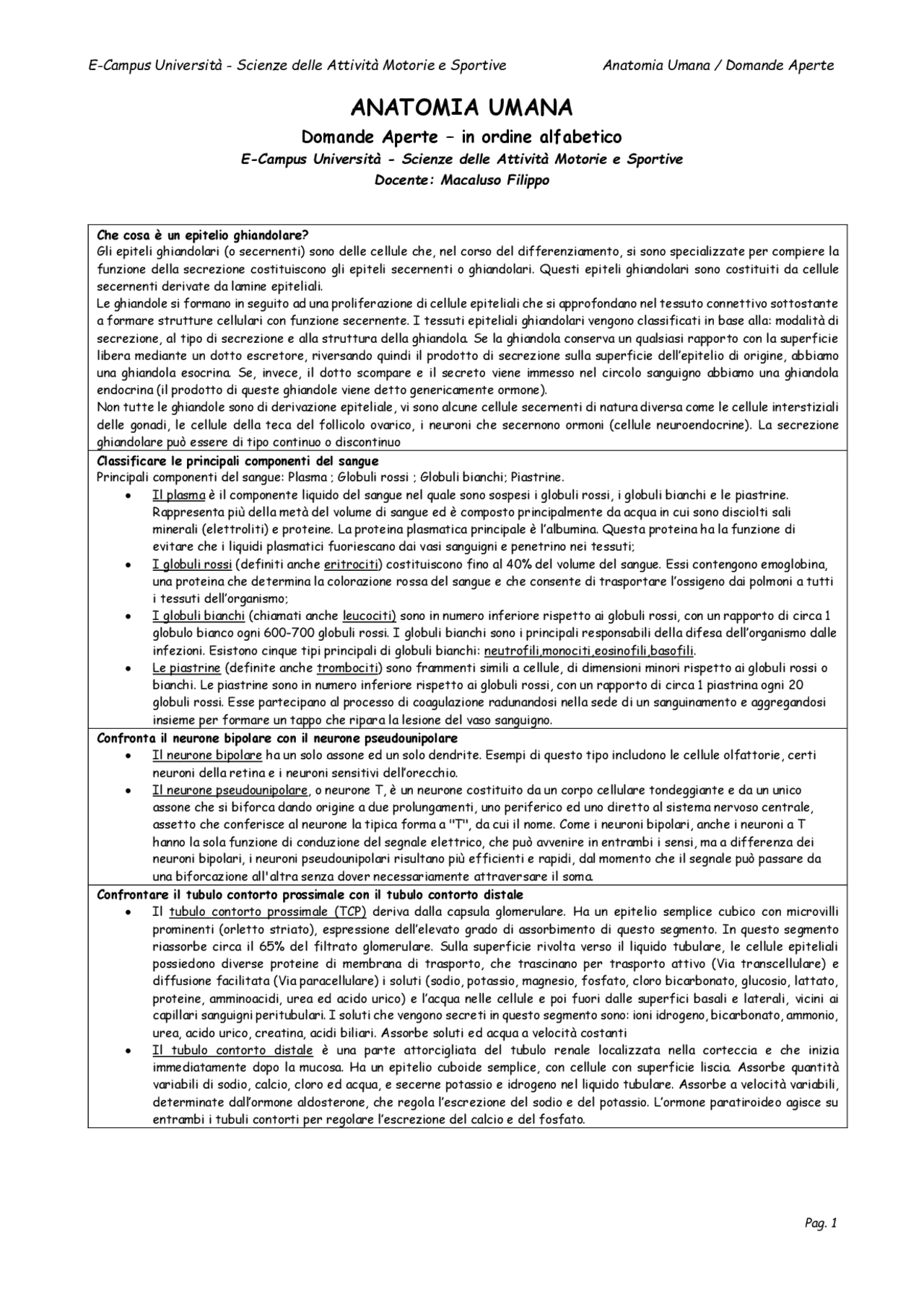 E Campus Scienze Motorie Anatomia Umana Paniere Domande Aperte