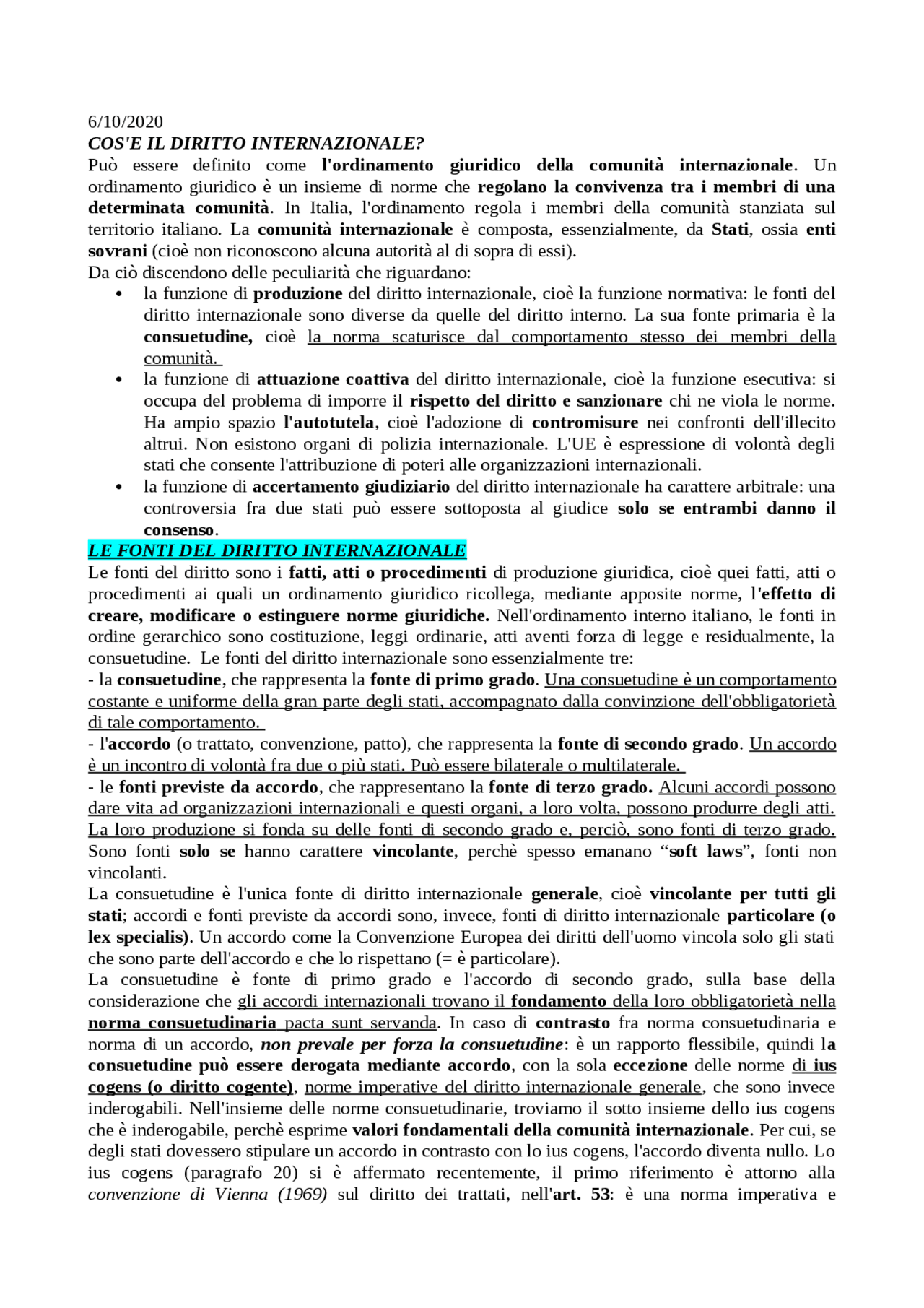Appunti Diritto Internazionale 1 Semestre Prof Santini Unicatt