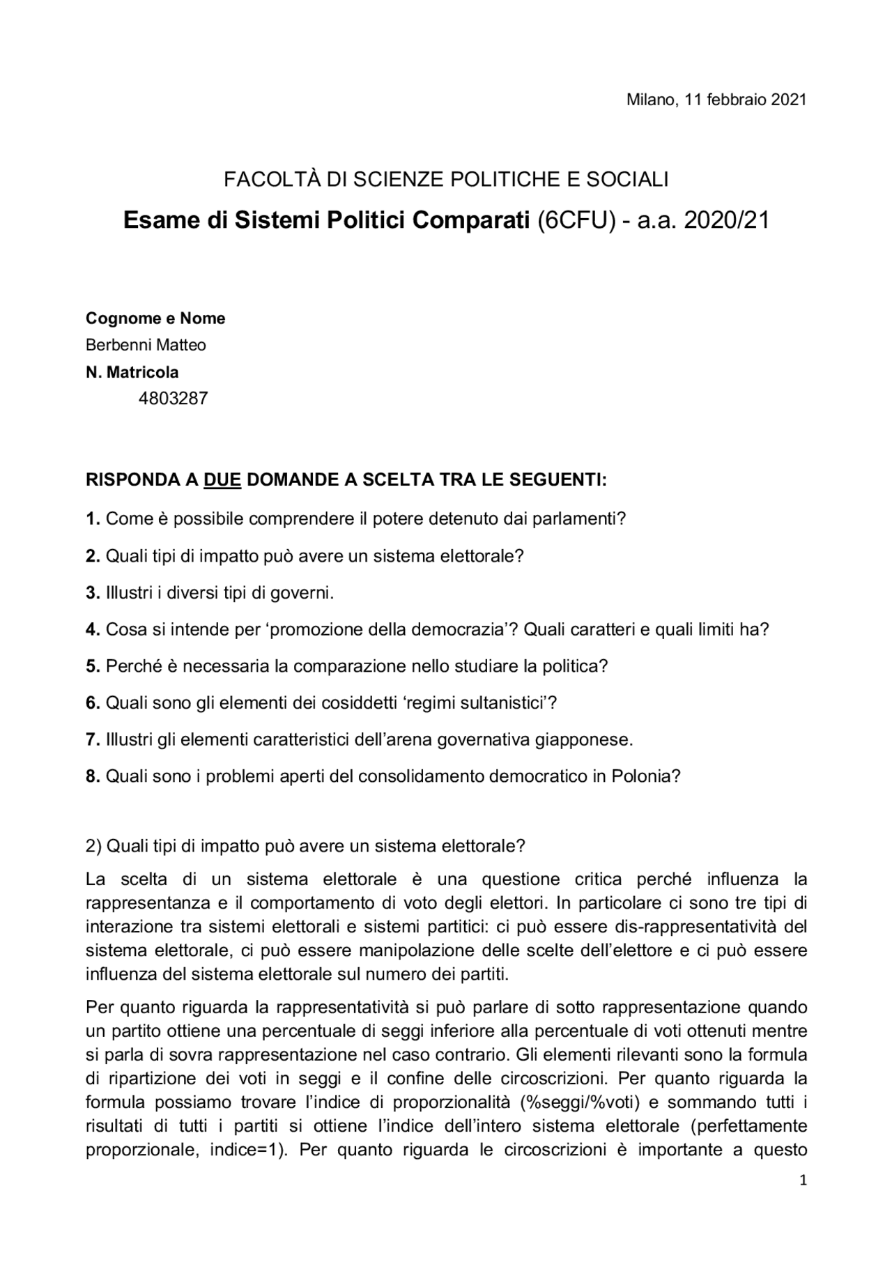 Mazzoleni Martino Esempio Esame Sistemi Politici Comparati Prove D