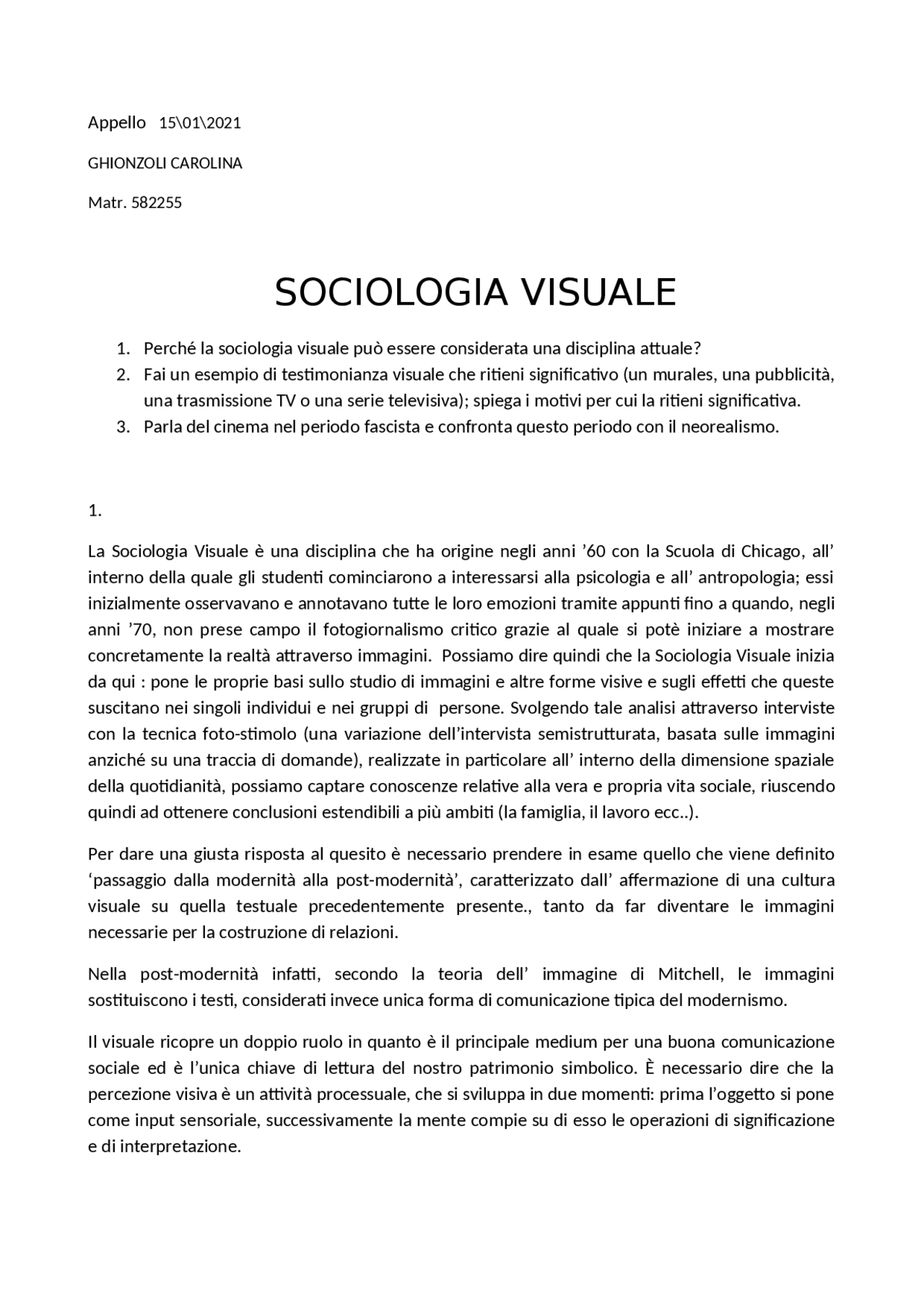 Relazione Sociologia Visuale Docsity