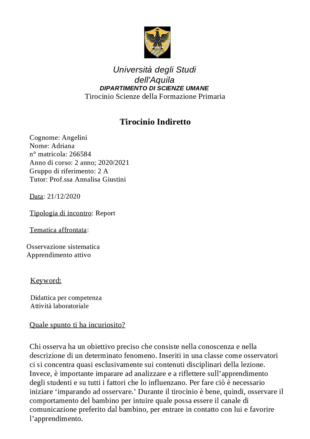 Tirocinio Indiretto Terzo Incontro Docsity