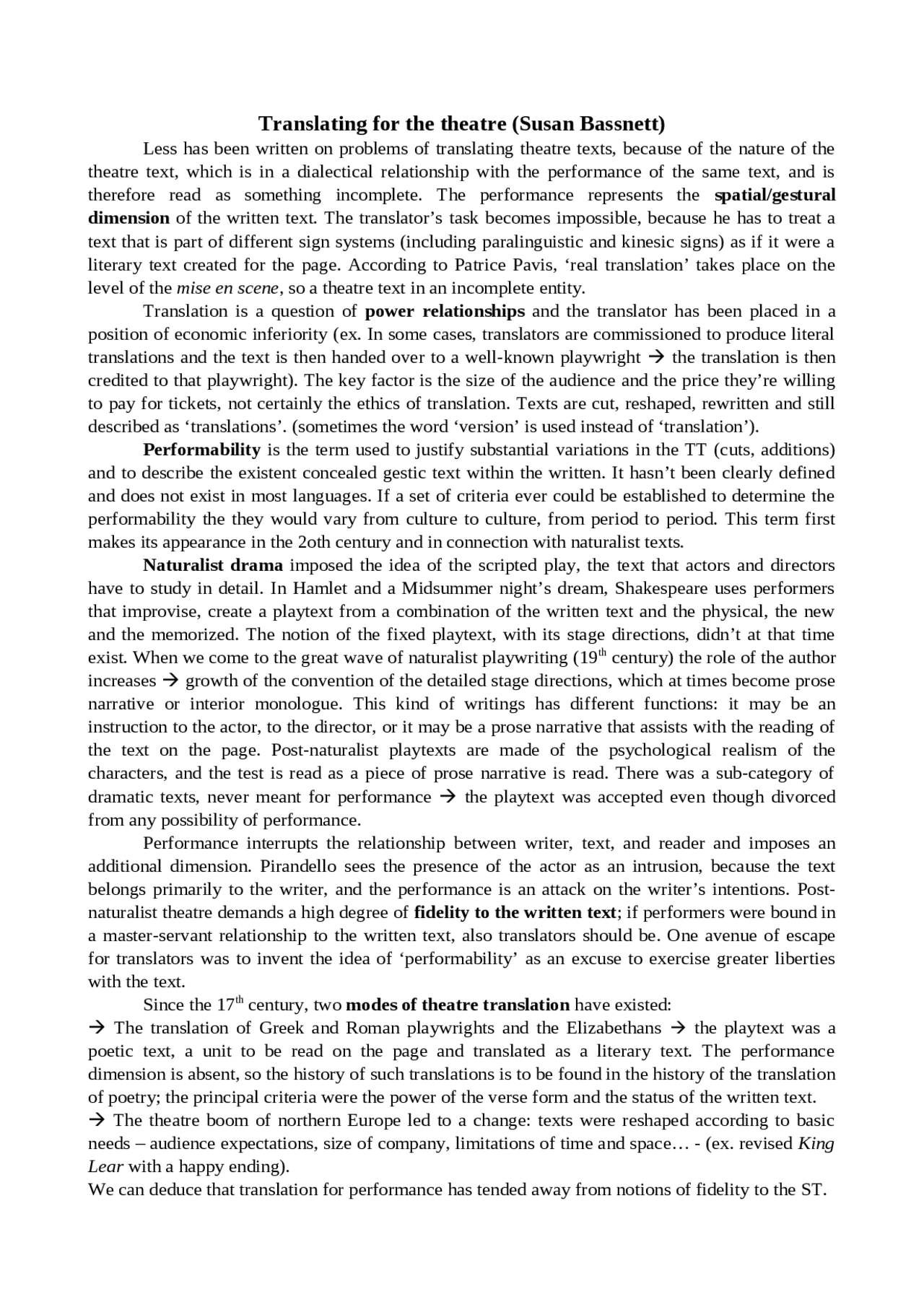 Riassunto Translating for the theatre (Susan Bassnett) - Docsity