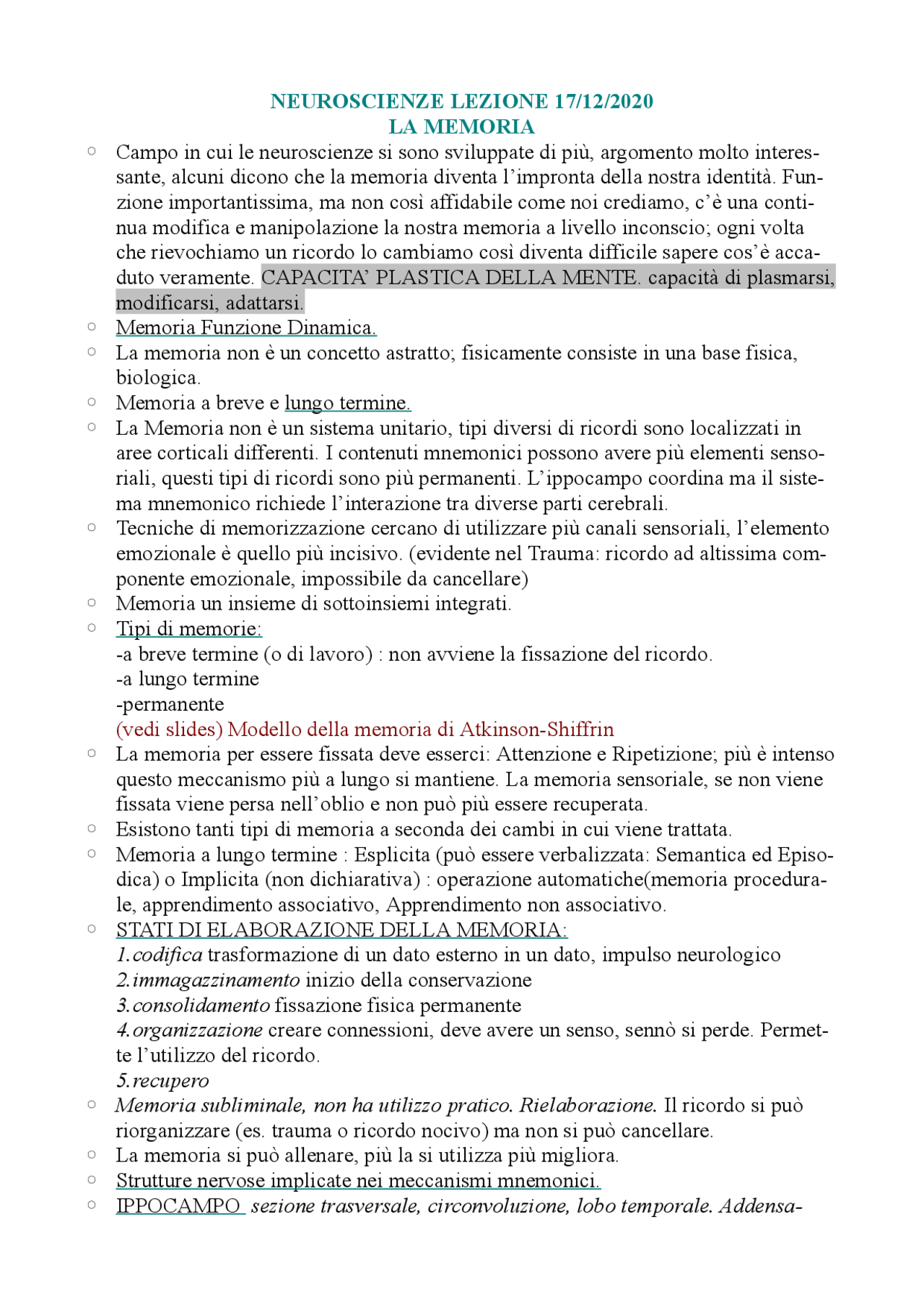 Appunti Di Neuroscienze La Memoria Docsity