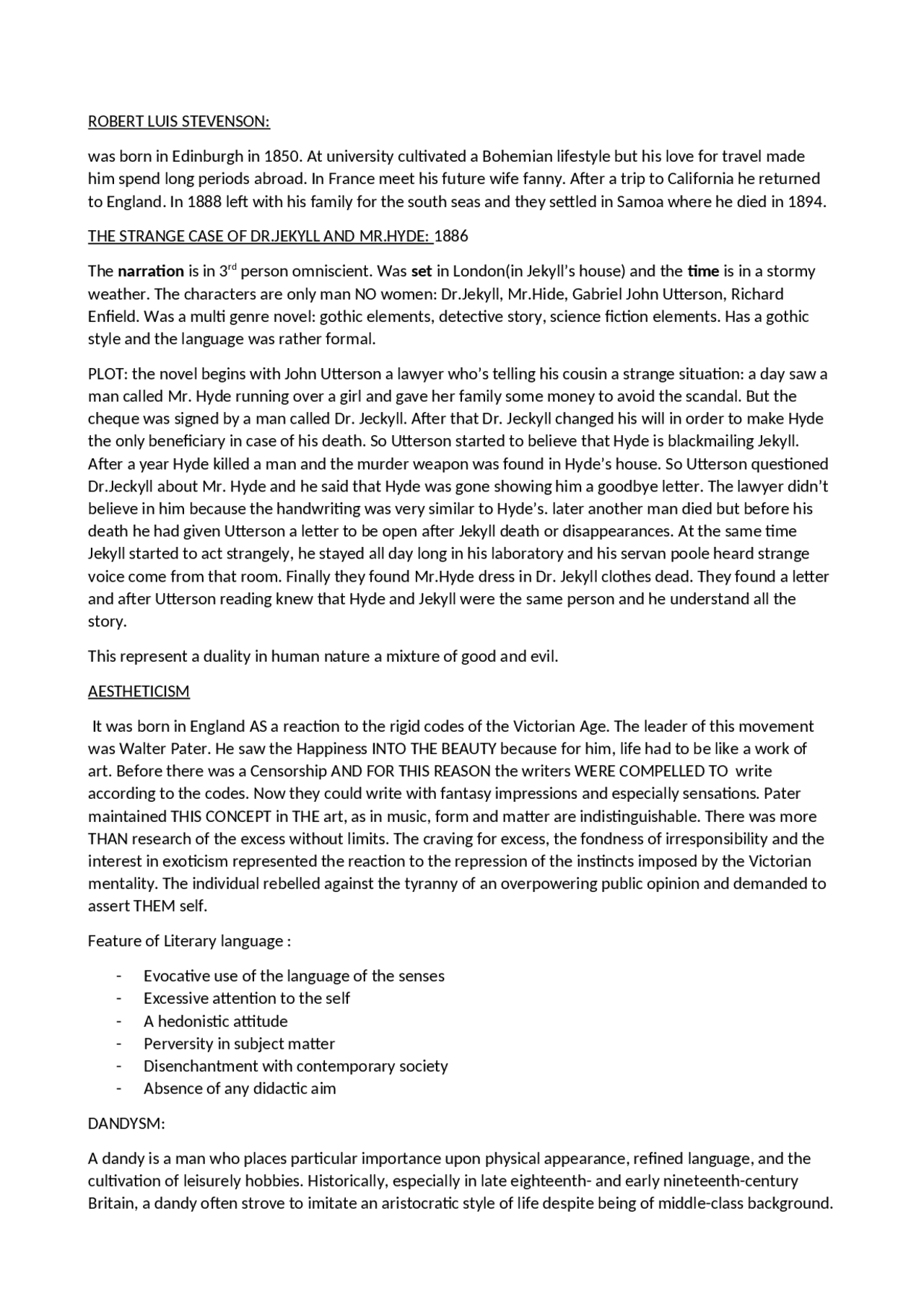 Stevenson Aestheticm Dandism Wilde Docsity