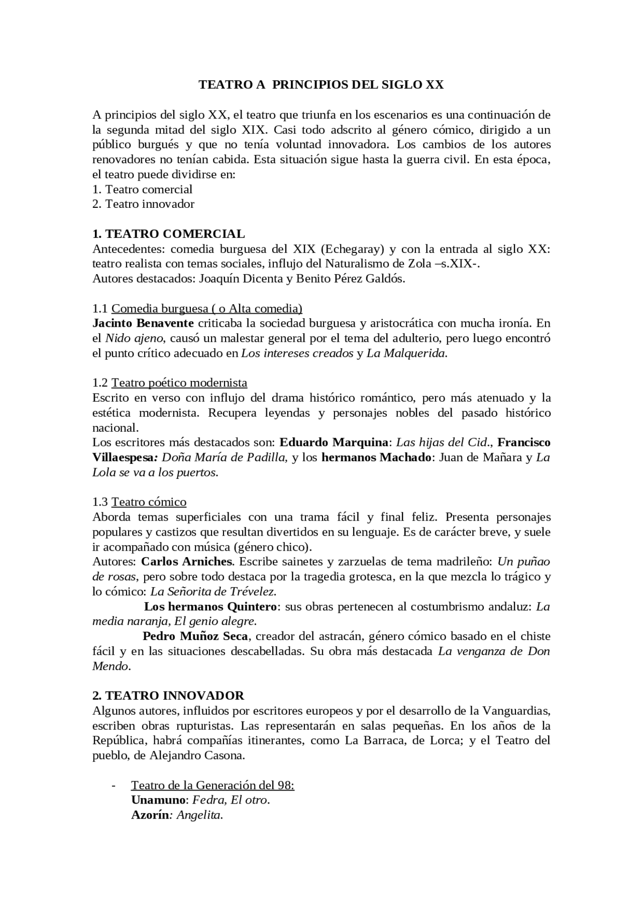 Teatro a principios del siglo XX | Apuntes de Lengua y Literatura | Docsity