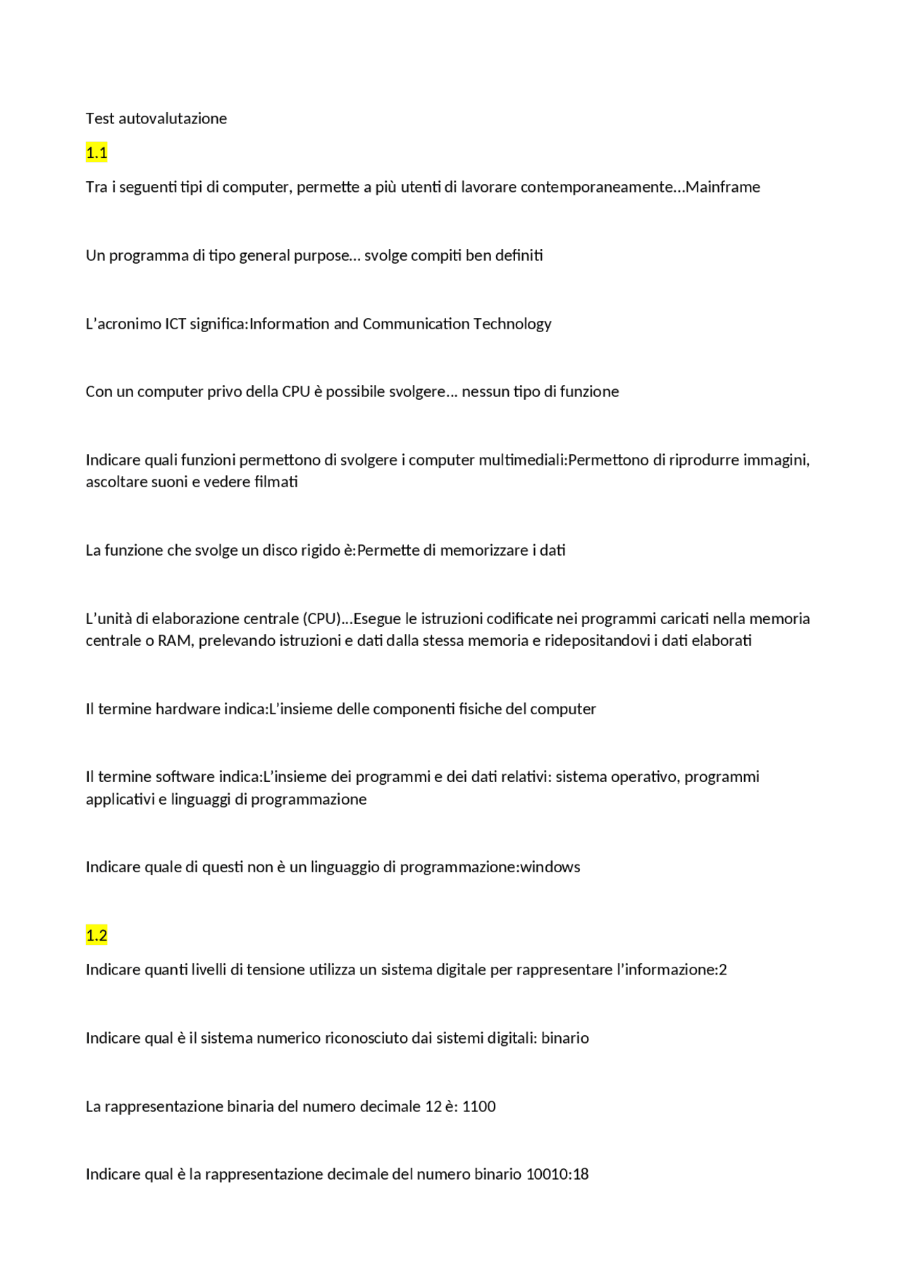 Test Autovalutazione Abilitazione Informatica Docsity