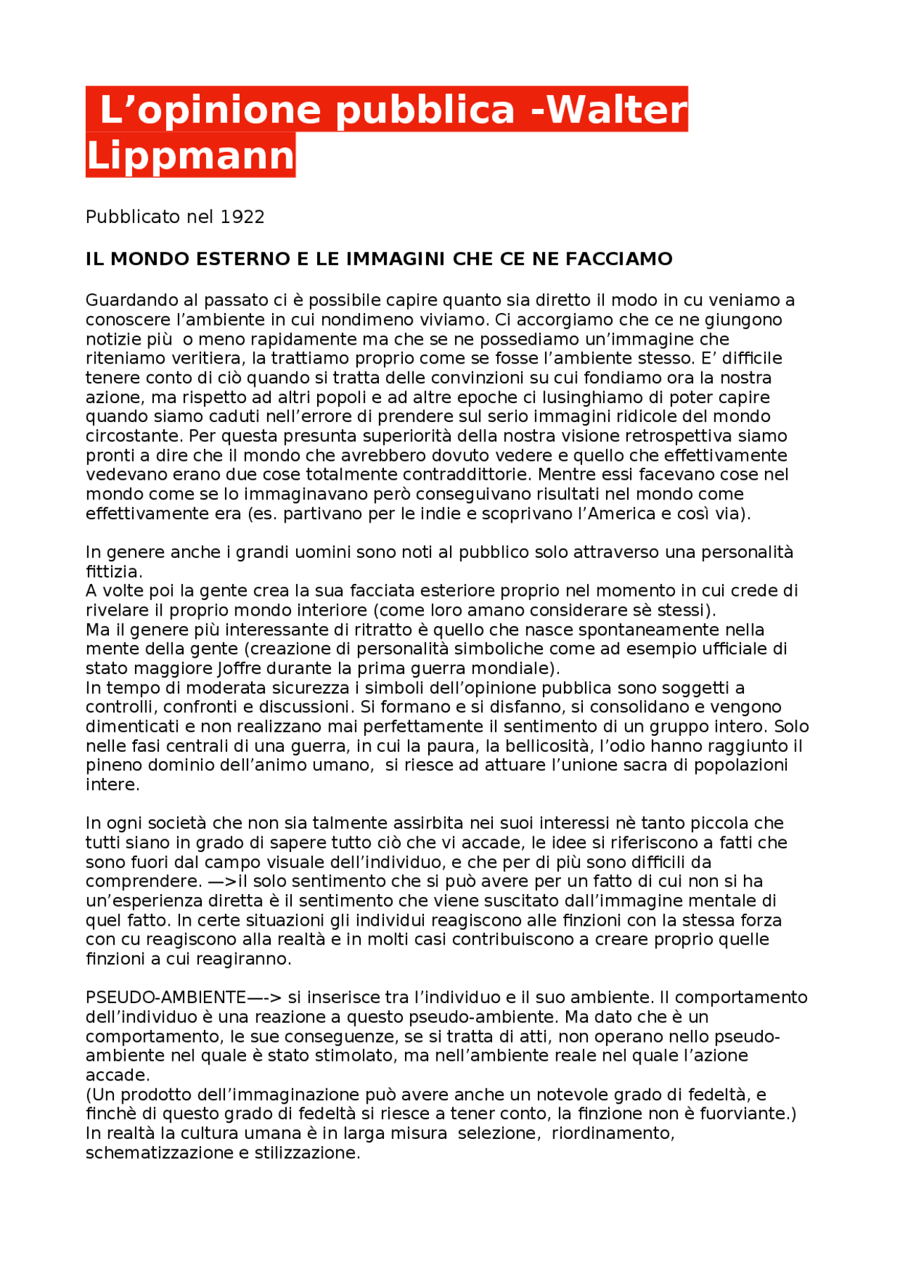 Lippmann Opinione Pubblica Riassunto Docsity
